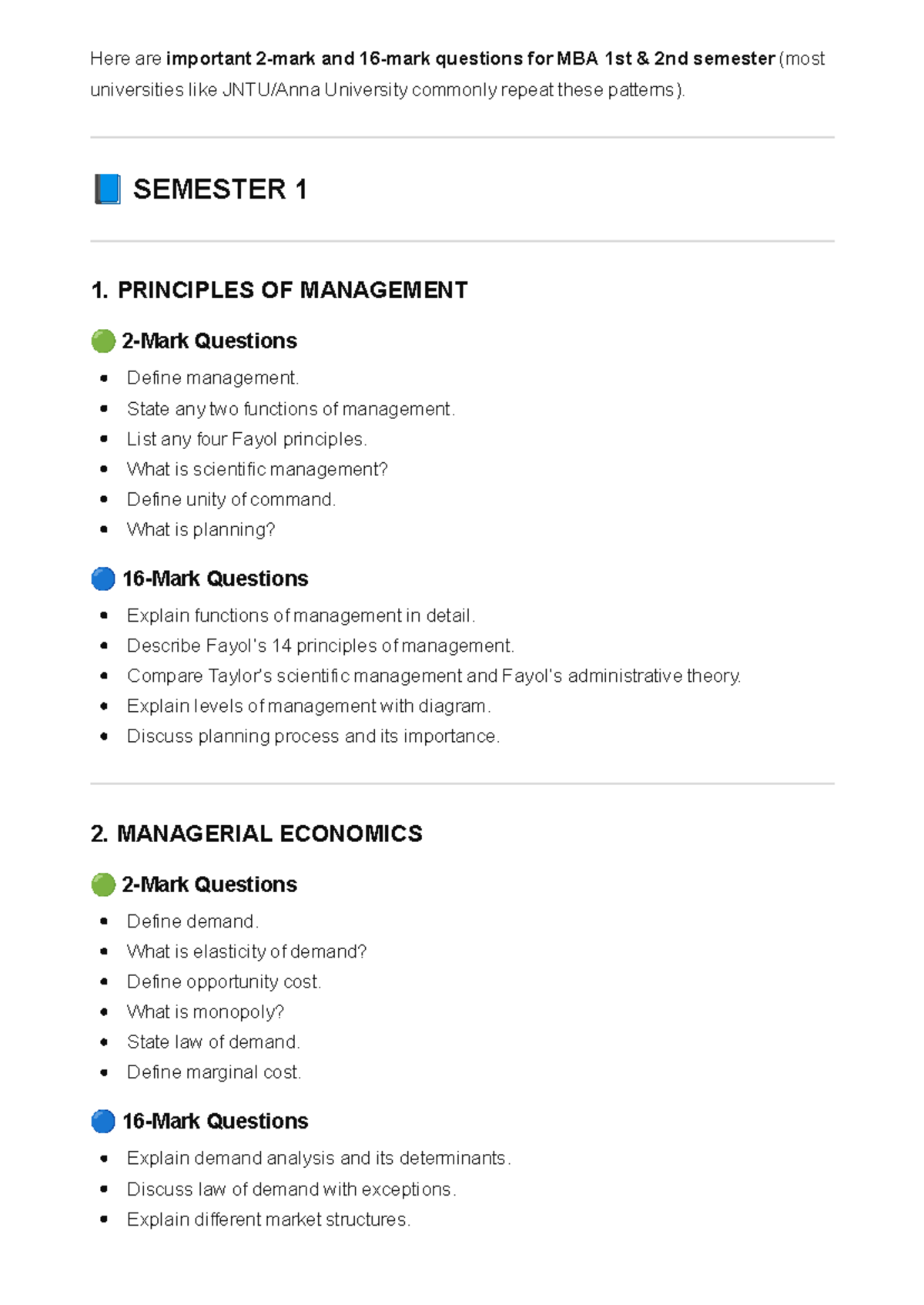 MBA 1st & 2nd Sem Practice Notes: Key Questions & Concepts - Studocu