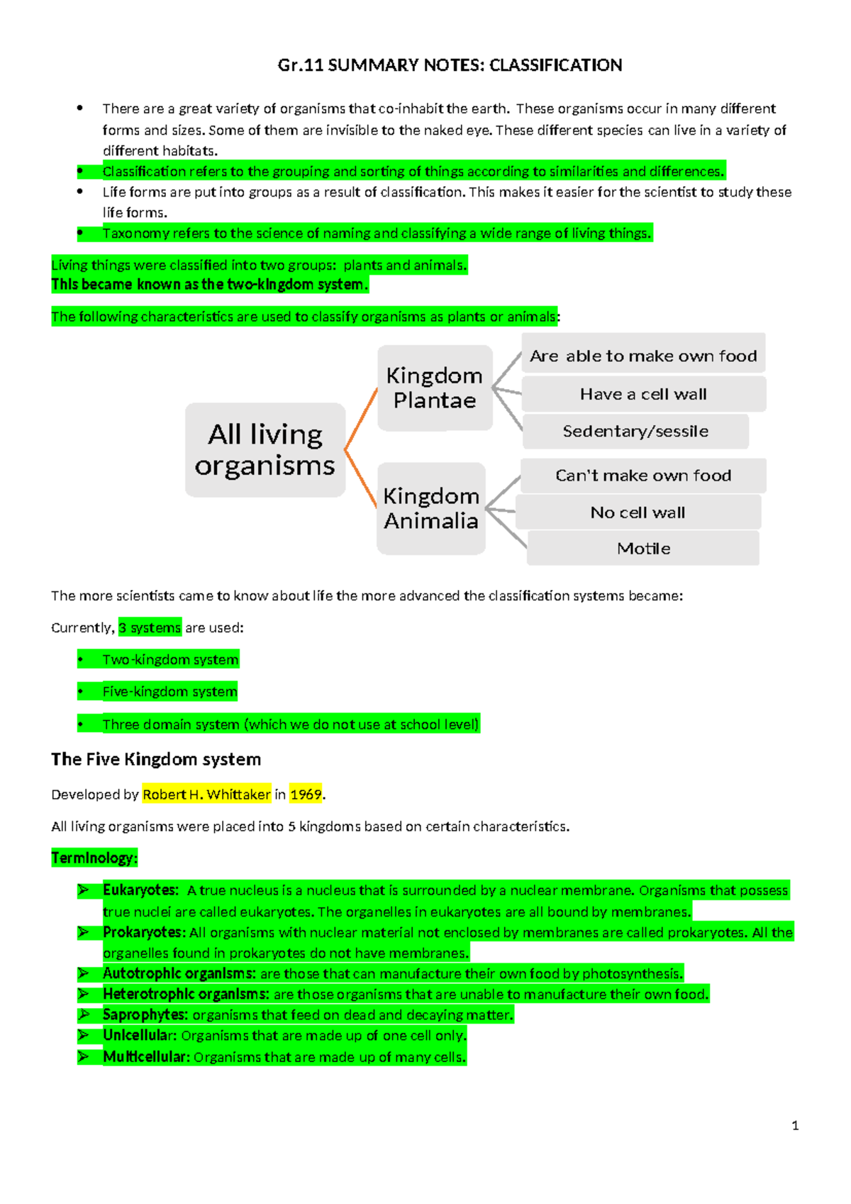 Gr.11 Classification Notes: Summary of Taxonomy Systems and Organisms ...