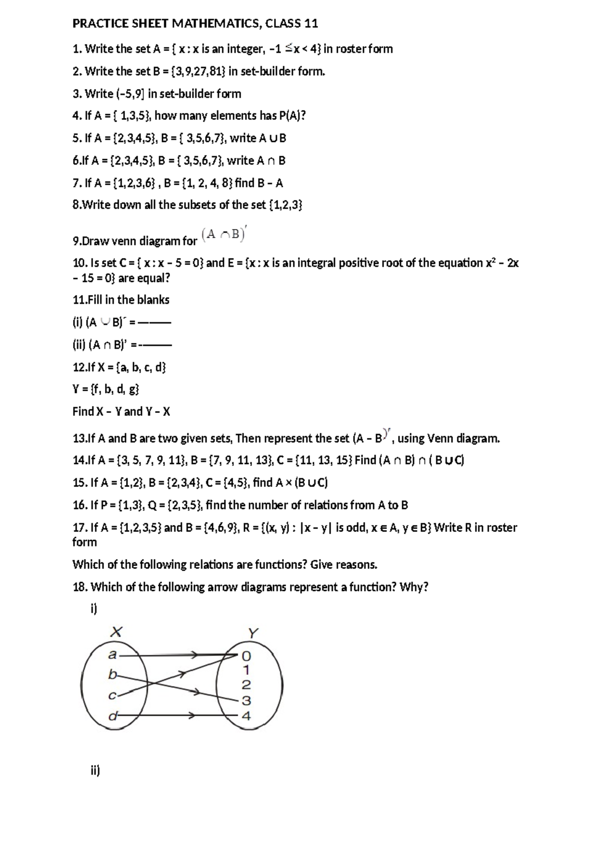 Holiday Homework: Mathematics Class 11 Practice Sheet - Studocu