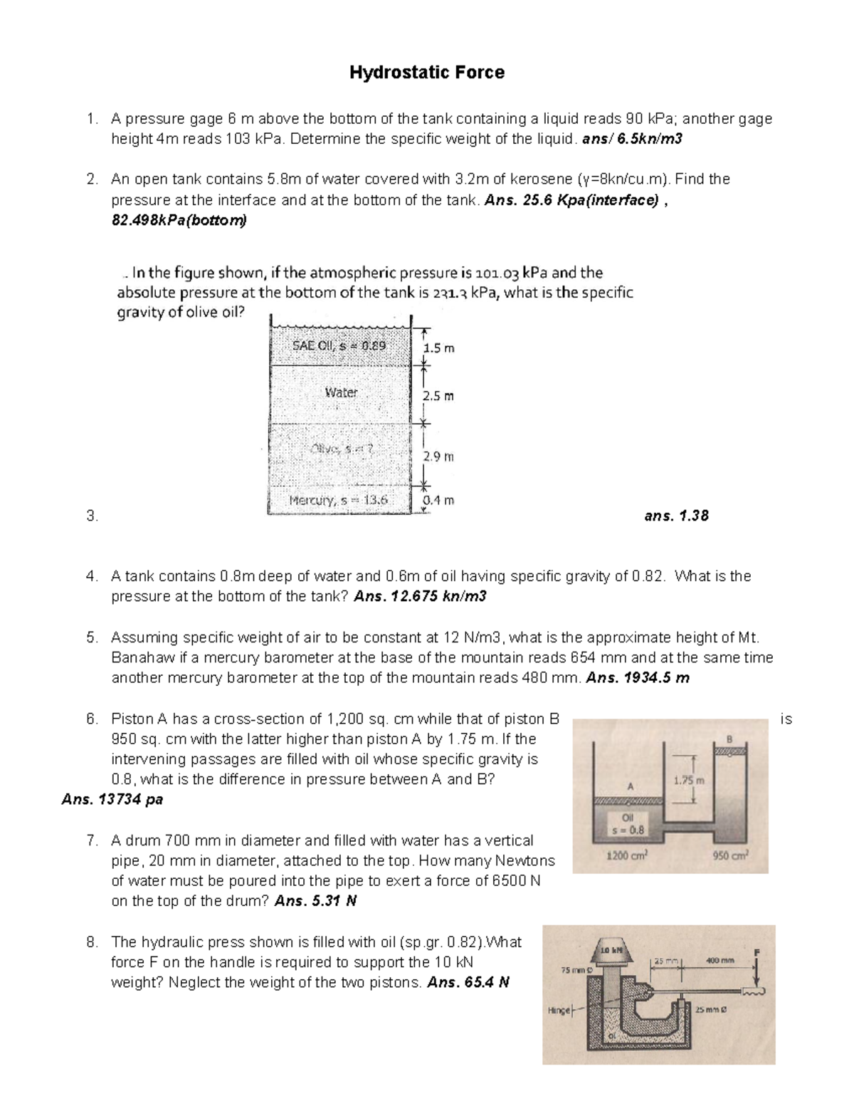 Hydrostatic Force Practice Problems - Fluid Mechanics Study Guide - Studocu