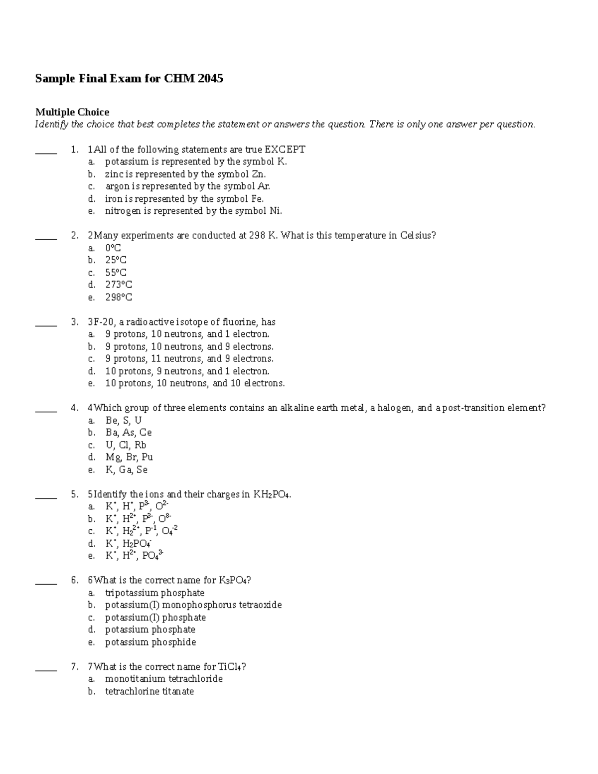 Sample Final Exam for CHM 2045: Multiple Choice Questions - Studocu
