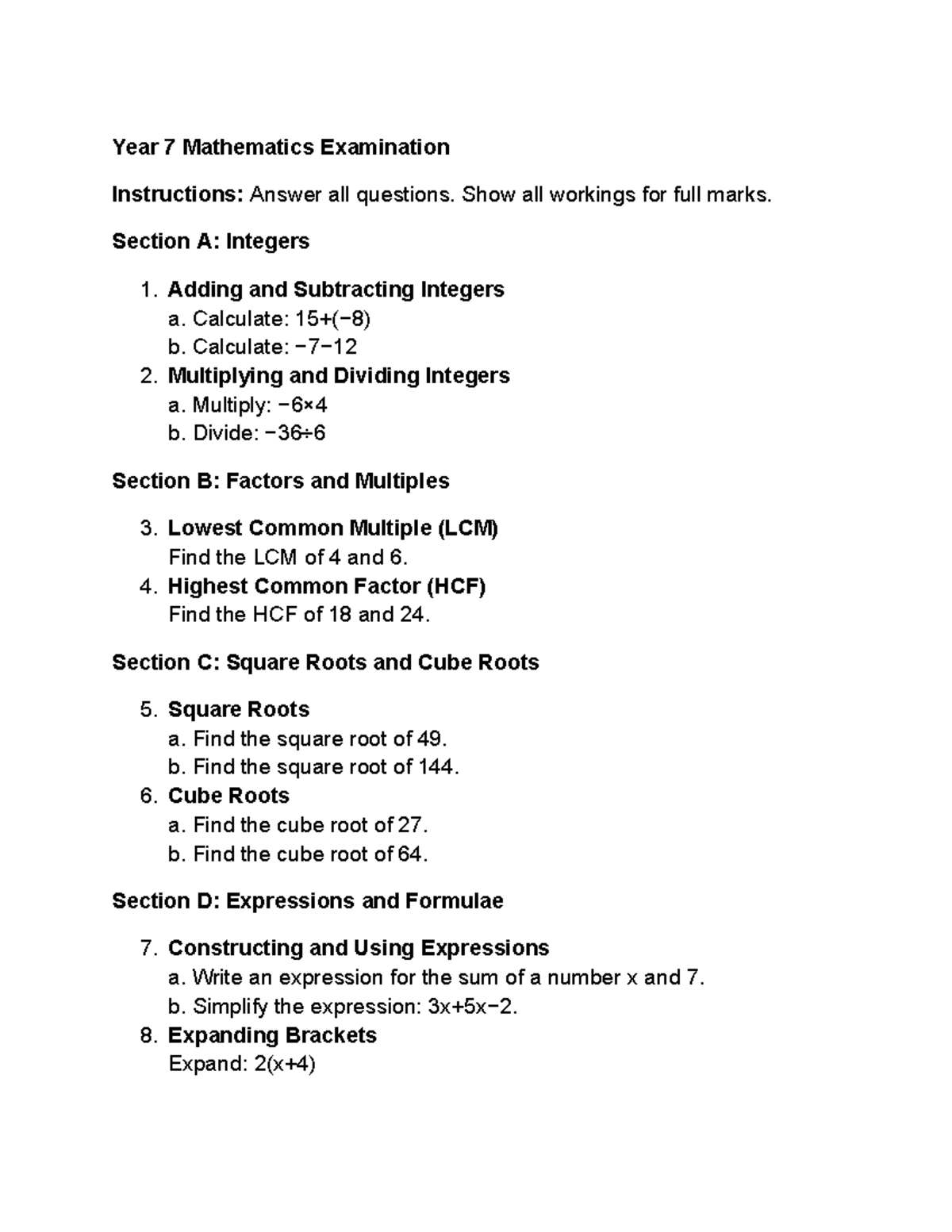 Year 7 Math Exam: Integers, LCM, HCF, Roots & Expressions - Studocu