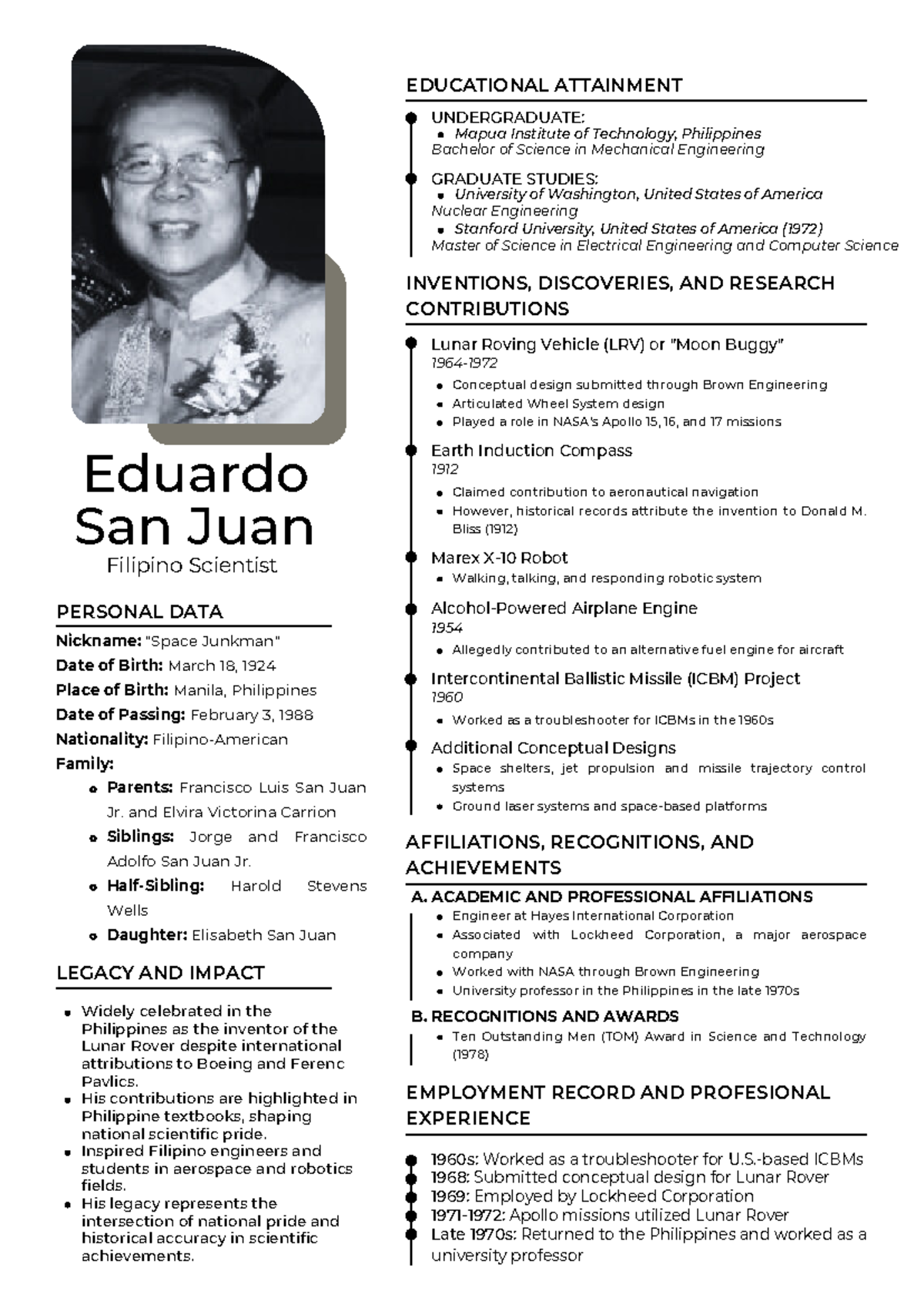 BIO 101: Biography and Contributions of Eduardo San Juan - Studocu