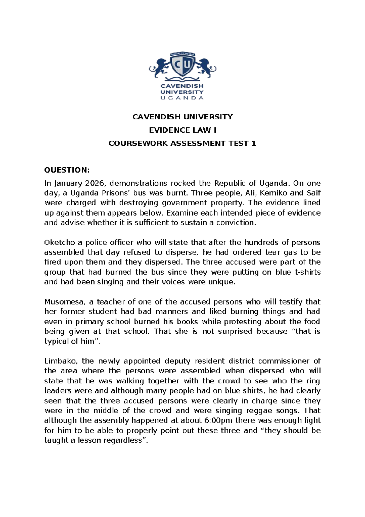 CAVENDISH UNIVERSITY EVIDENCE LAW I CAT 1 ASSESSMENT MARCH 2026 - Studocu
