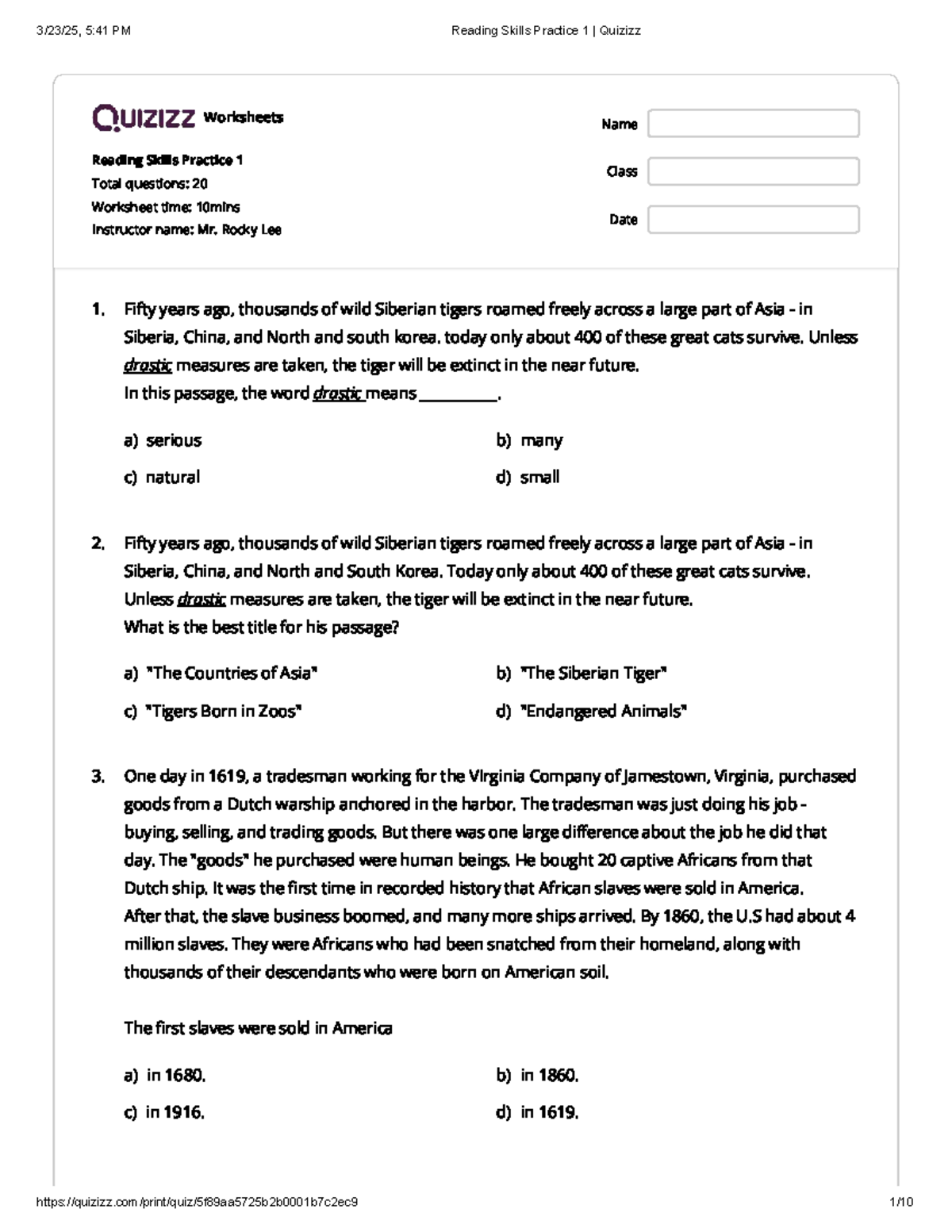 Reading Skills Practice 1 Quizizz - Worksheet & Questions - Studocu