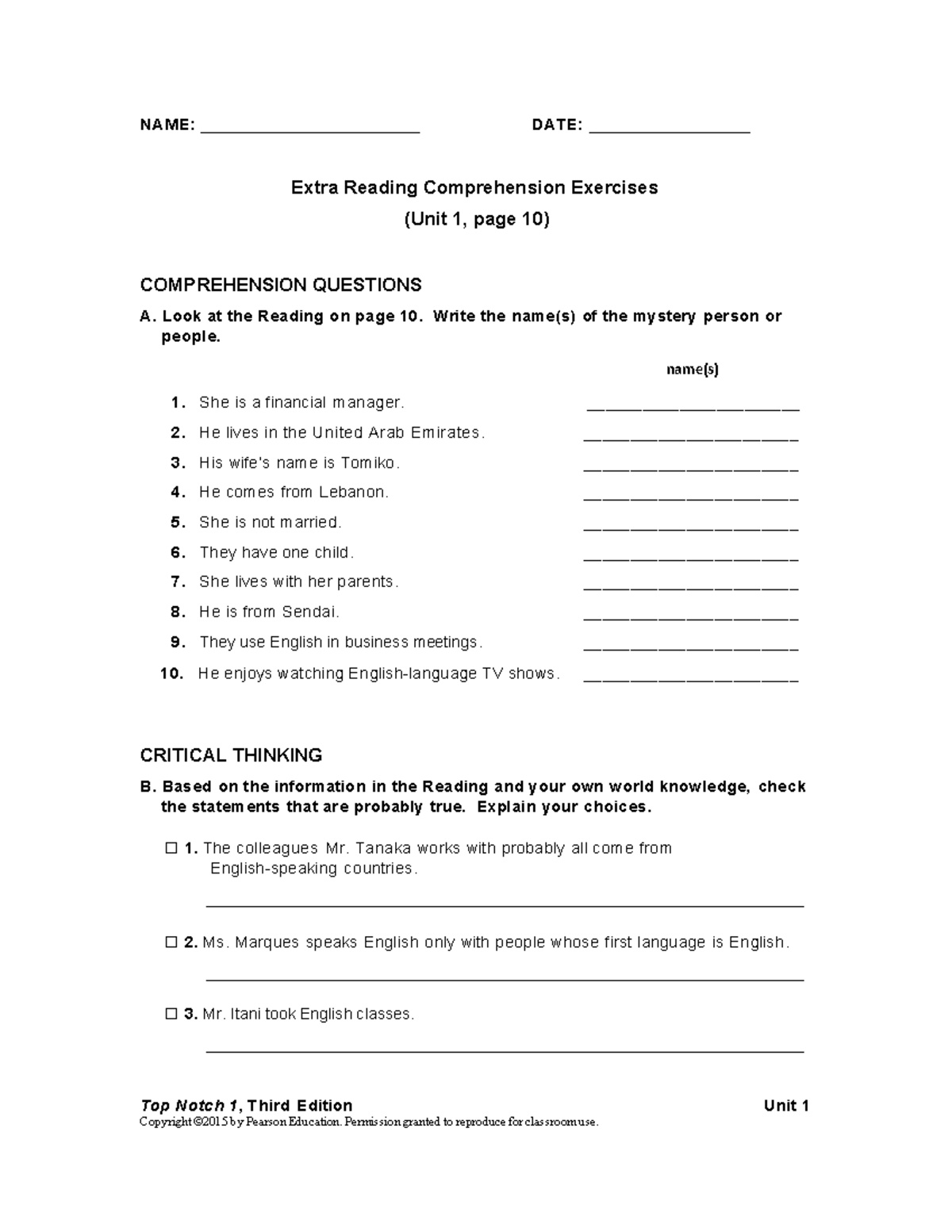 Top Notch 1: Extra Reading Comprehension Exercises (Unit 1) - Studocu