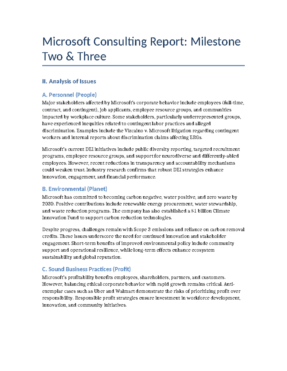 Microsoft Consulting Report: Milestone Two - DEI, Environmental ...