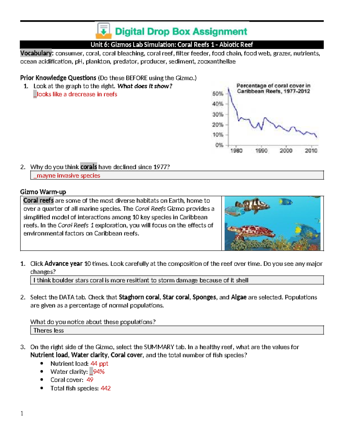 Unit 6: Coral Reef Gizmo Lab Simulation & Vocabulary Insights - Studocu