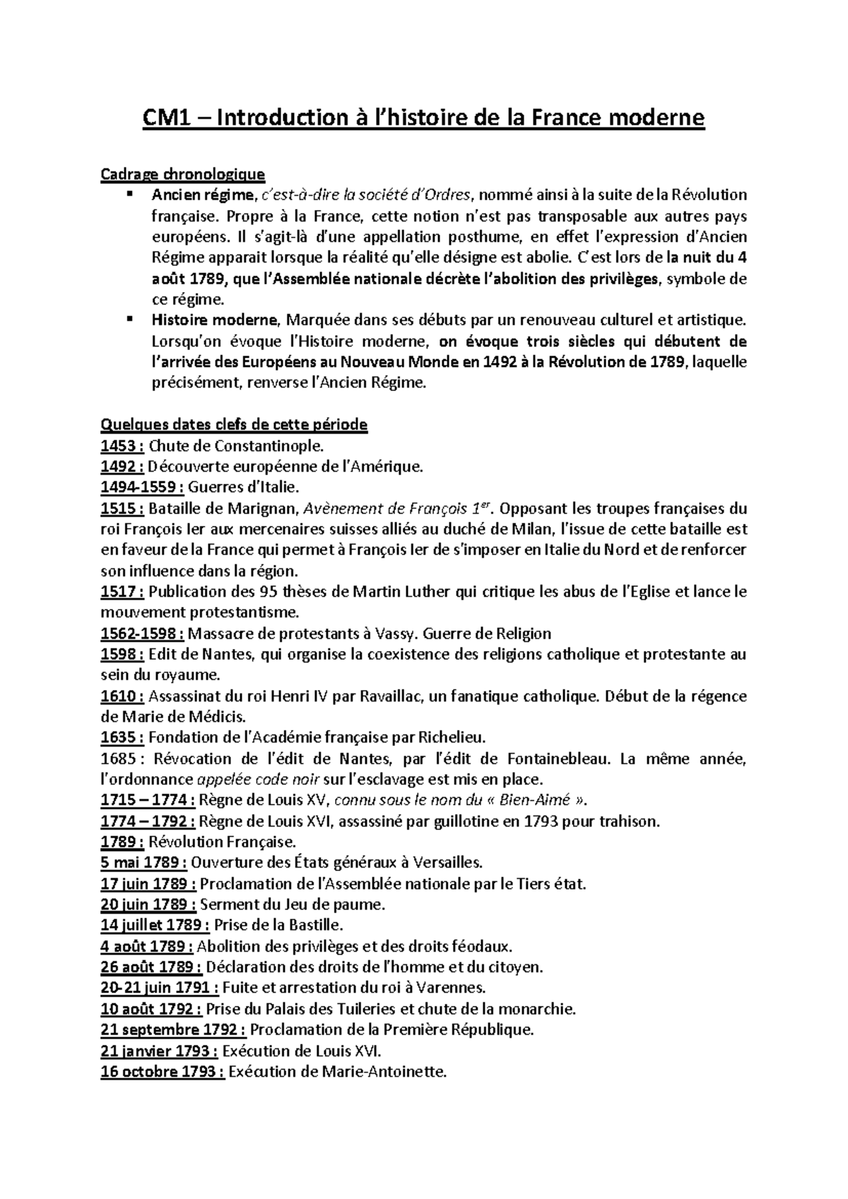 CM1 – Notes de Cours sur l'Histoire de la France Moderne - Studocu