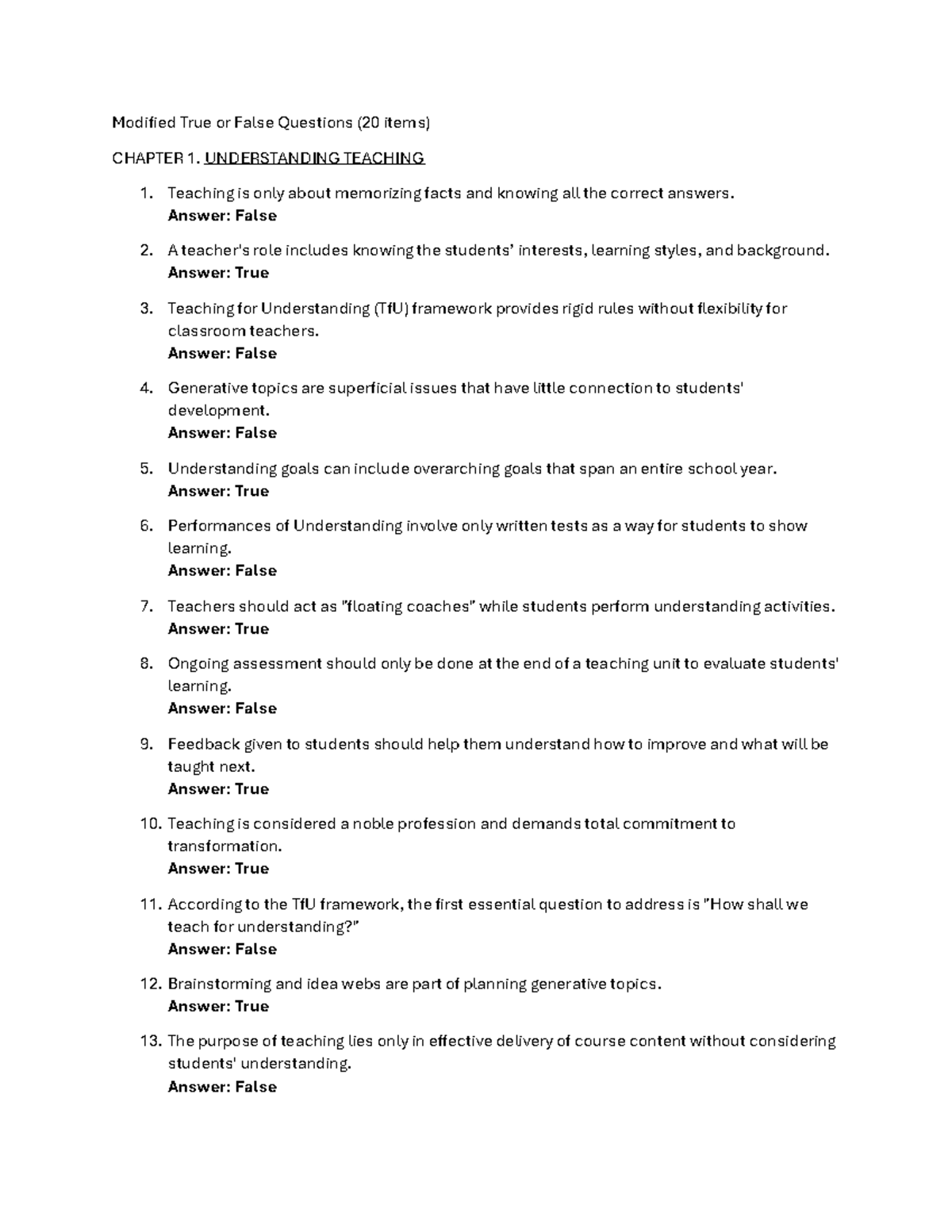 Modified True or False Questions Review for Teaching (CHAPTER 1-4 ...