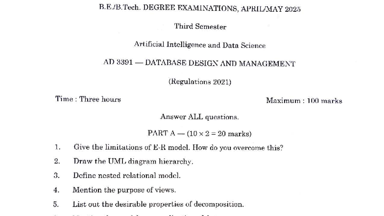 AD3391 - Database Design and Management Exam Paper, April-May 2025 - Studocu