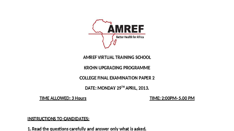AMREF VIRTUAL TRAINING SCHOOL KRCHN UPGRADING PROGRAMME FINAL EXAM MCQs ...