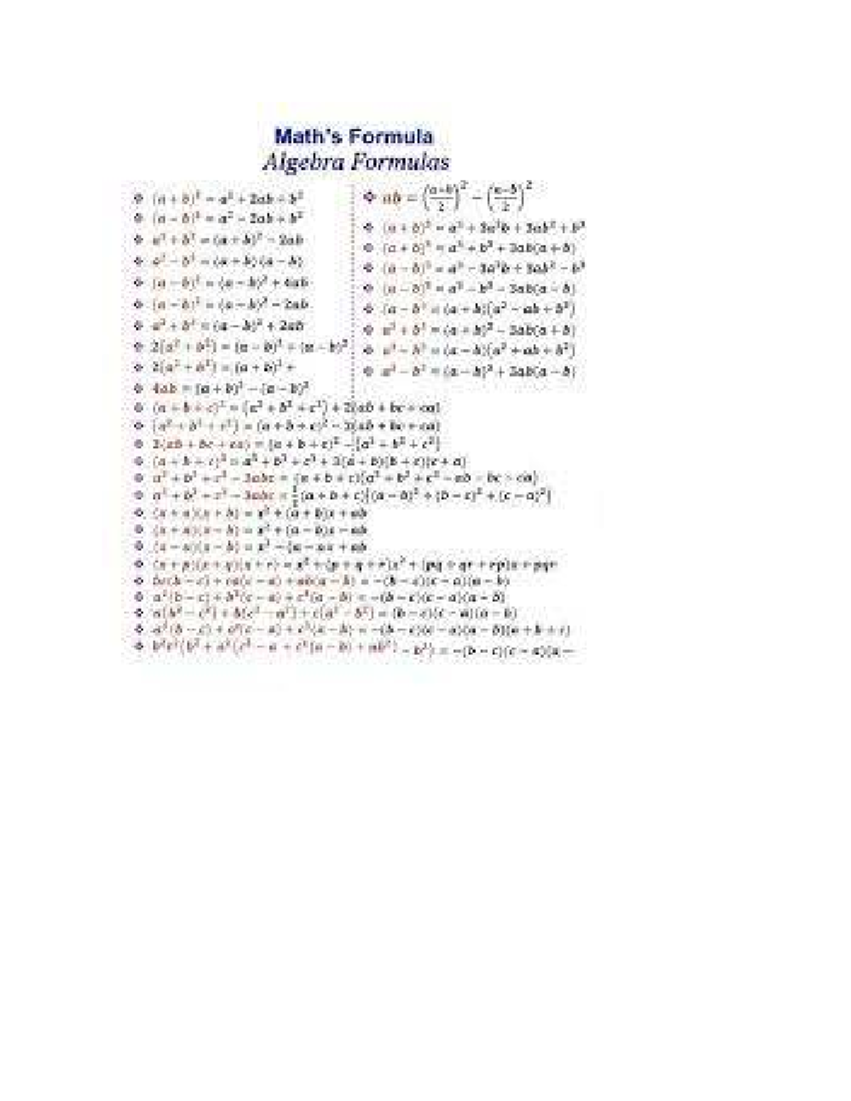 Algebra Formulas Class Notes - Math 101 - Studocu
