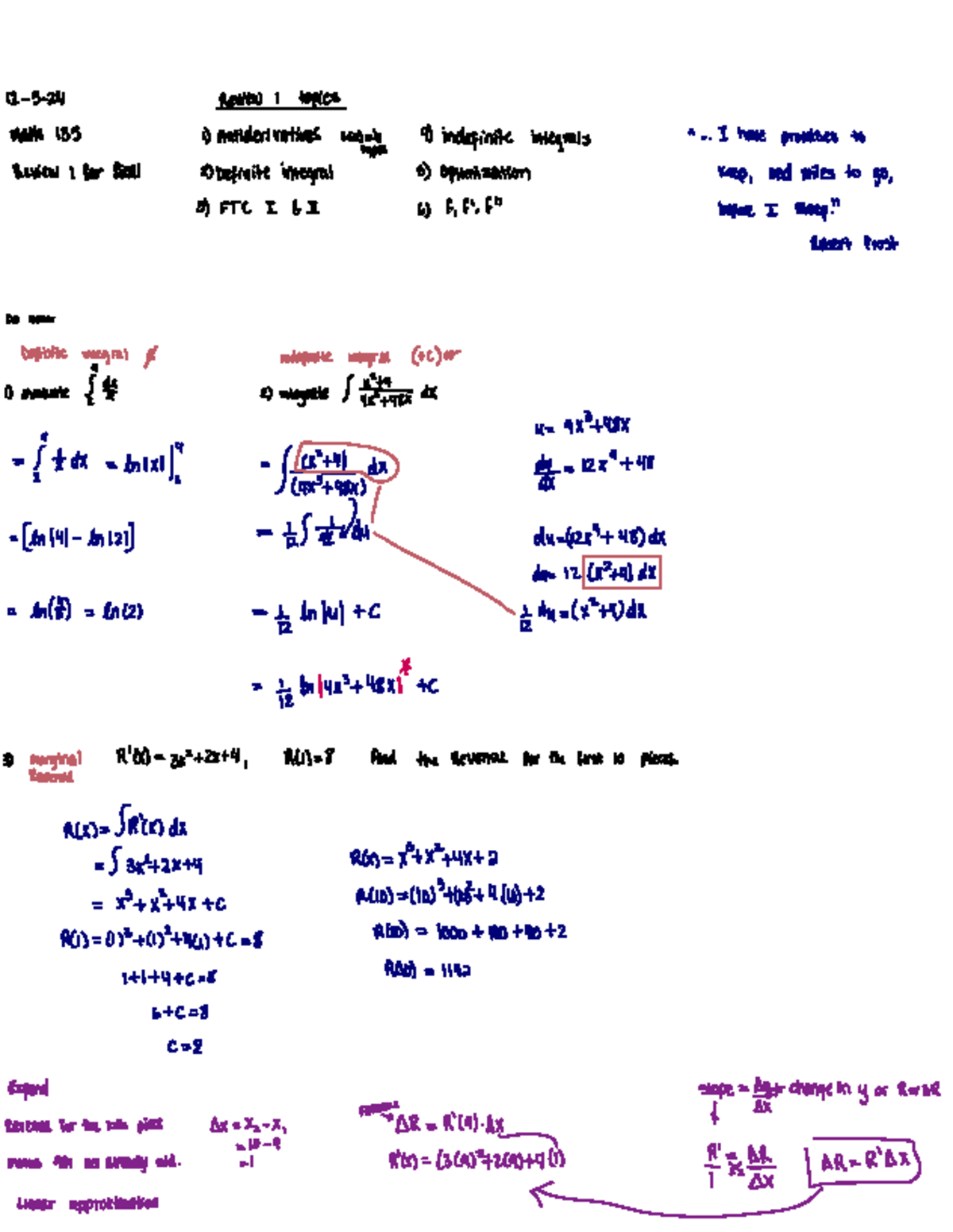 Final Review for Math 135: Antiderivatives, Integrals & Optimization ...