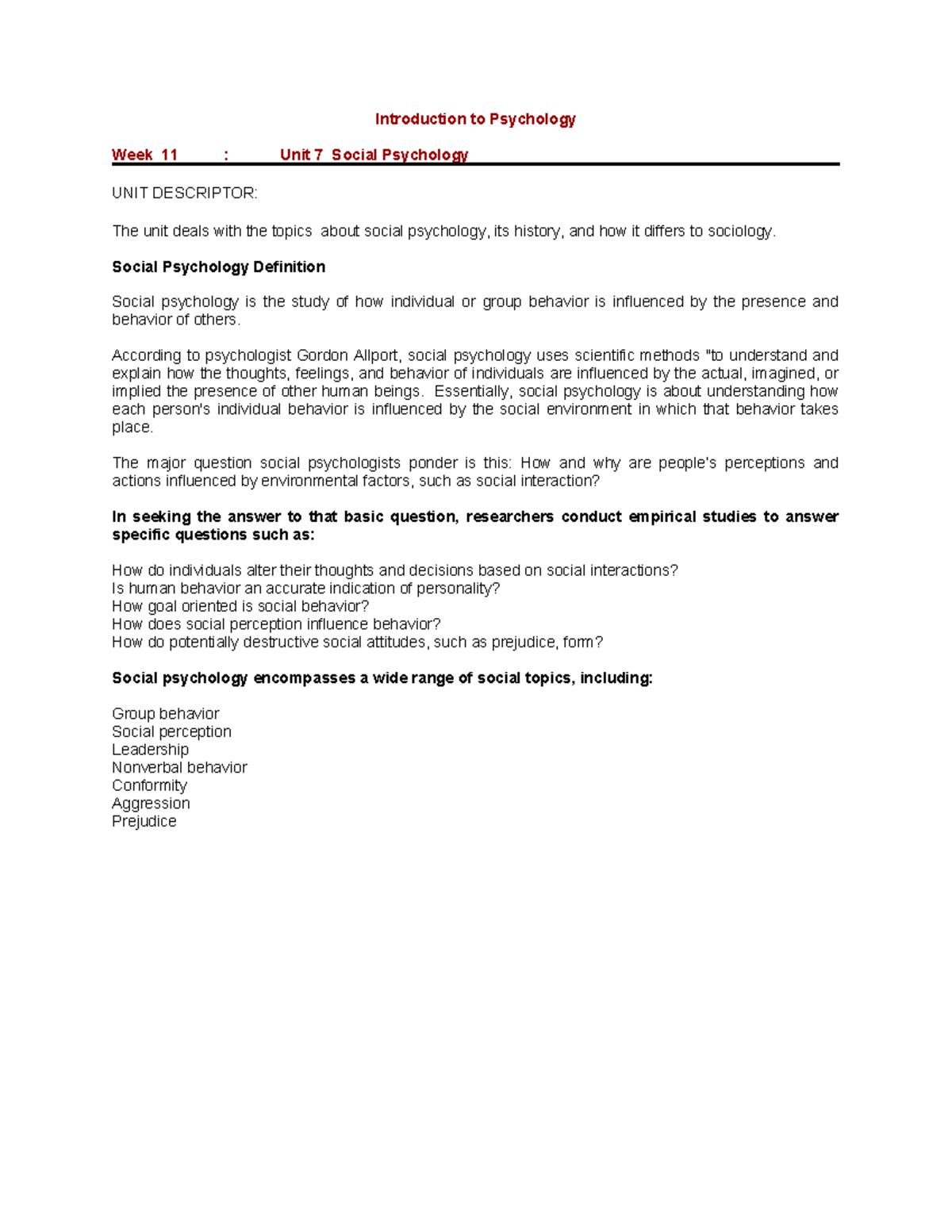 PSY M12 Social Psychology - Introduction to Psychology Week 11 : Unit 7 ...