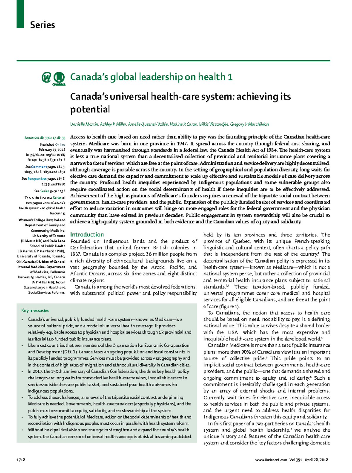 Canada's Universal Health Care System: Achieving Its Potential (2018 ...