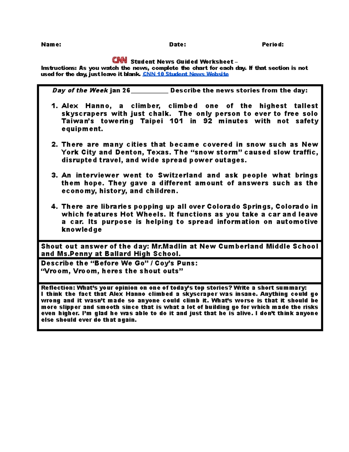 CNN 10 Student News Guided Worksheet: Weekly Summary & Reflections ...