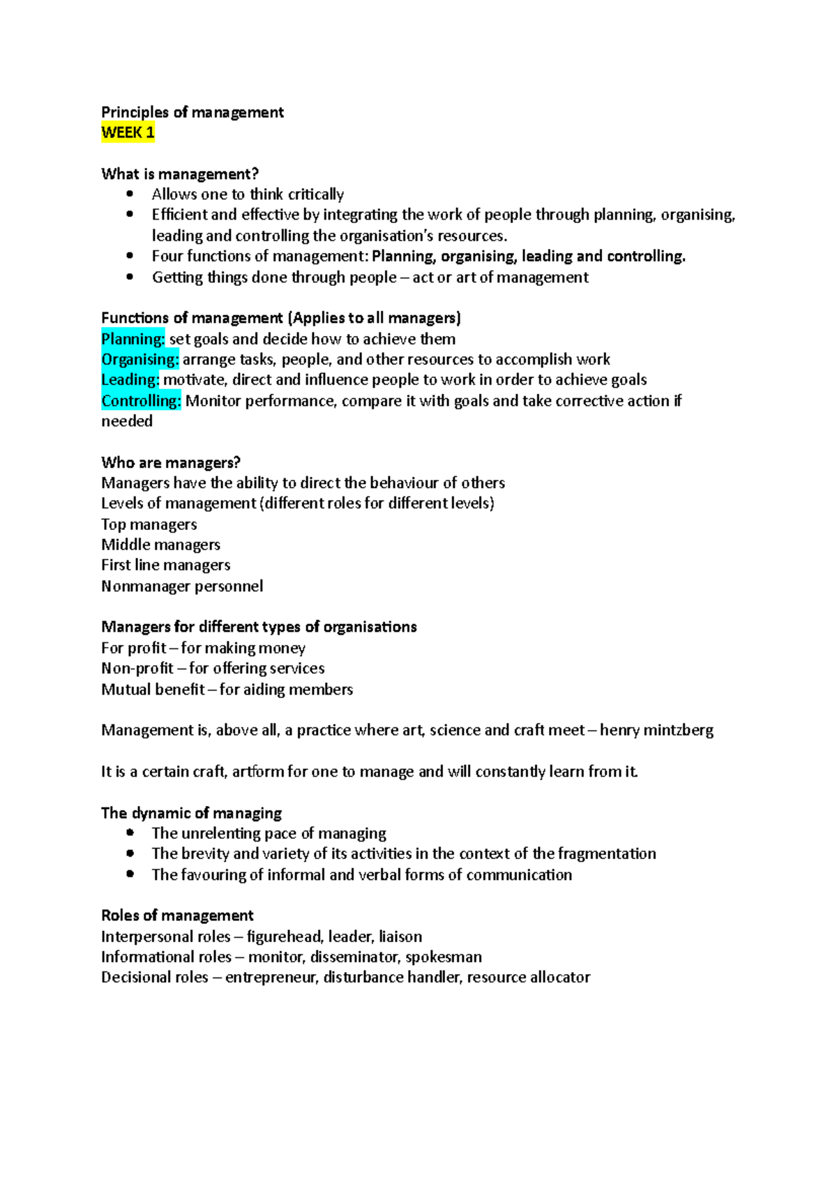 Principles of Management (Week 1-6 Overview) - Course Code: MGMT101 ...