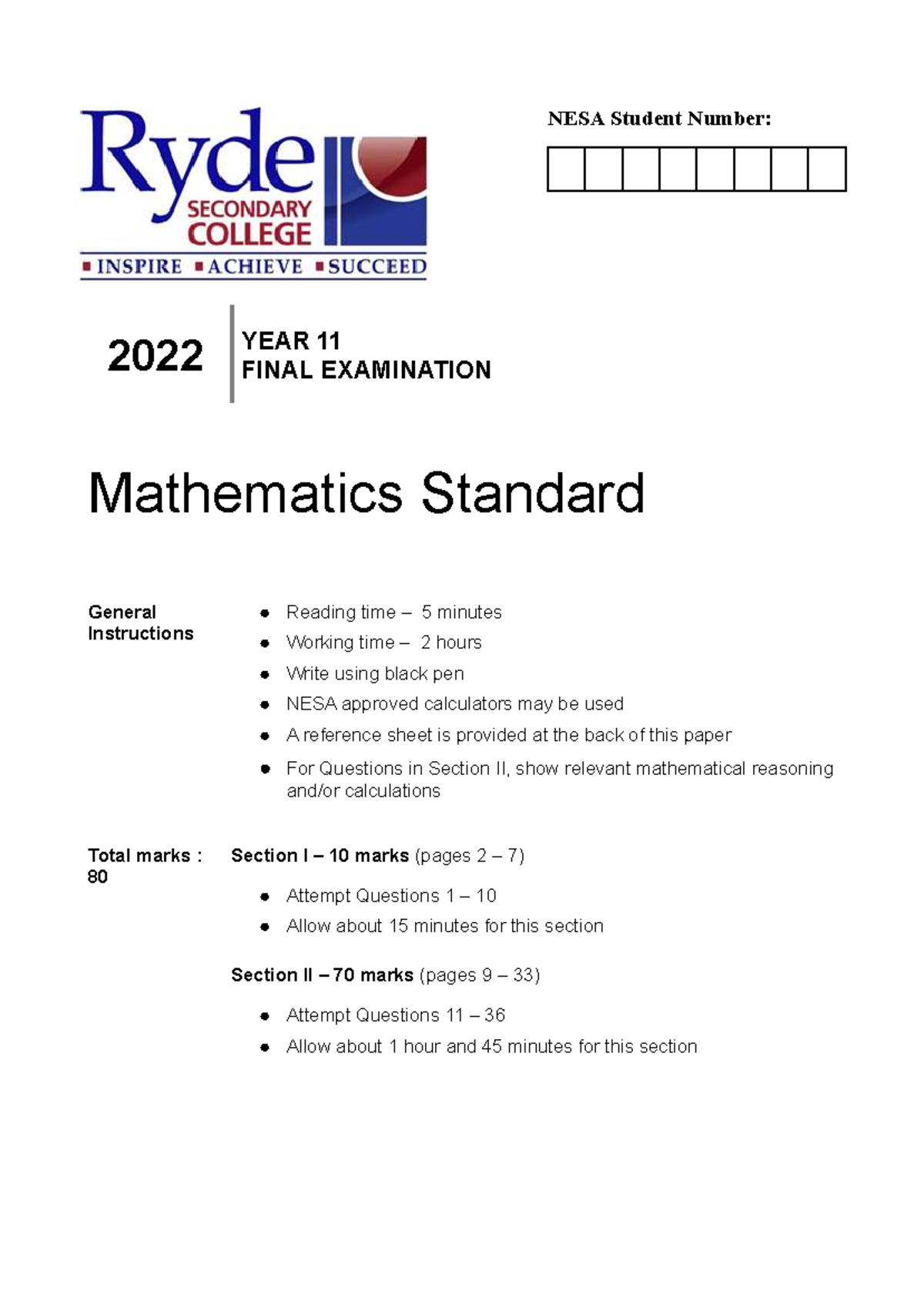 Year 11 Mathematics Standard Final Exam 2022 - Studocu