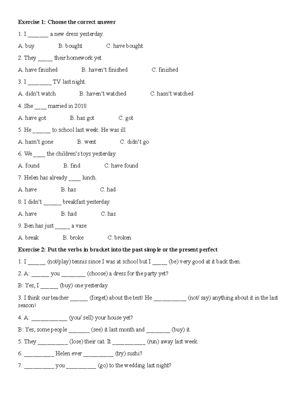 Exercise 1: Multiple Choice Questions on Verb Tenses - Studocu