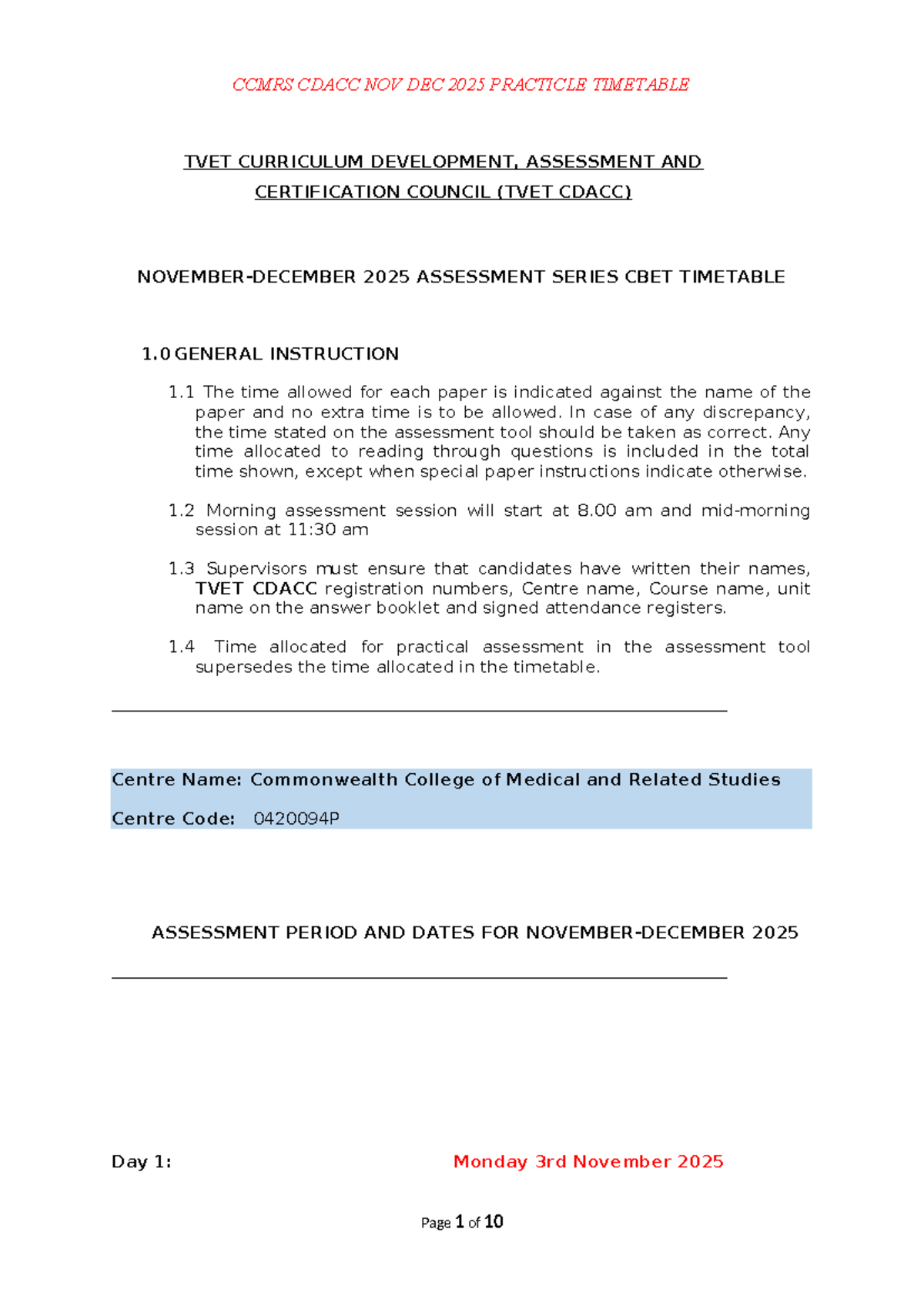 CCMRS CDACC Nov-Dec 2025 Practical Assessment Timetable - Studocu