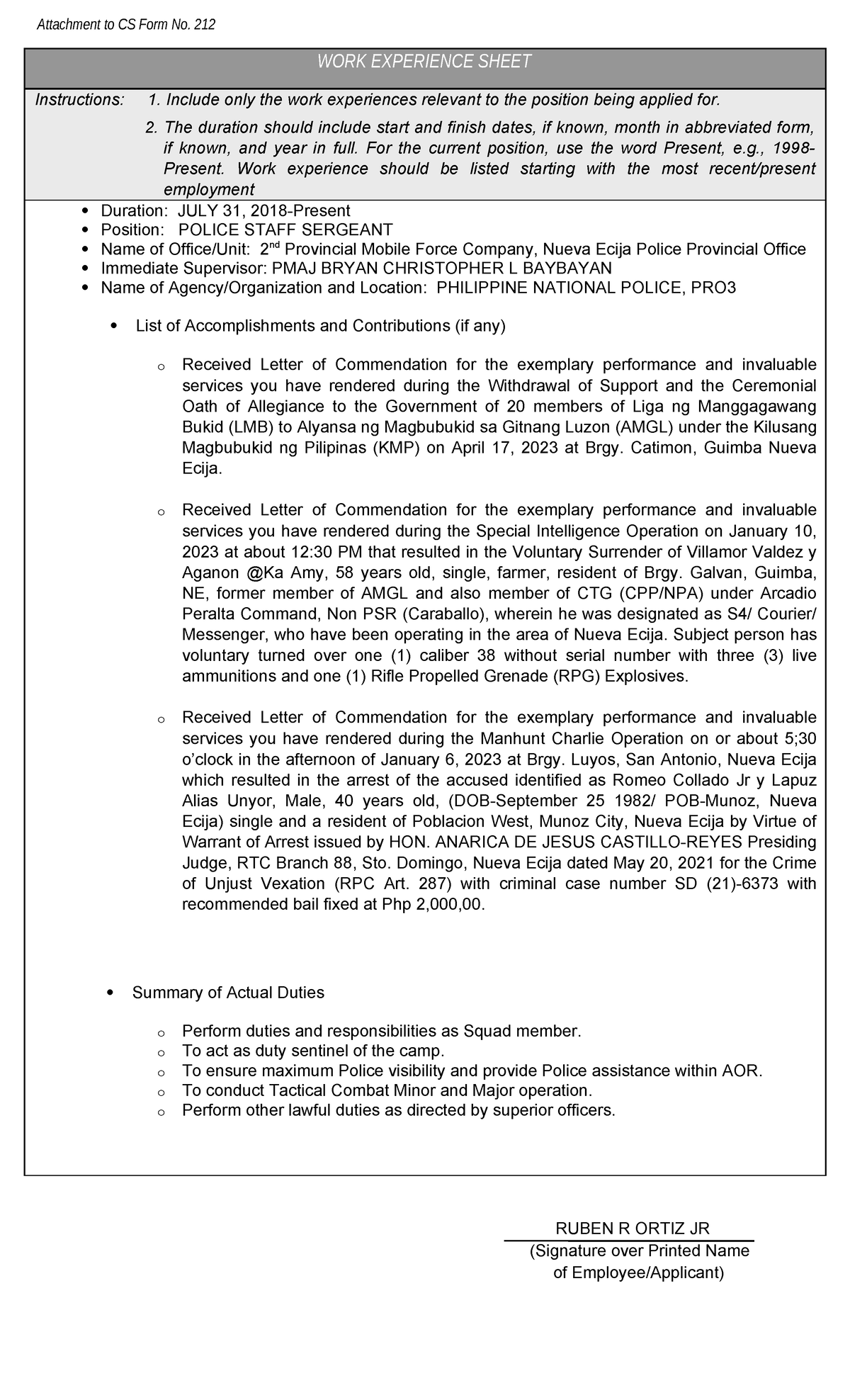 Work Experience Sheet Sample - CS Form No. 212 for Police Staff Sgt ...