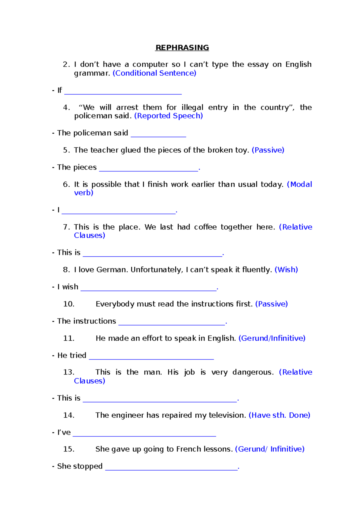 Rephrasing Exercises for English Grammar - 2 BACH - Studocu