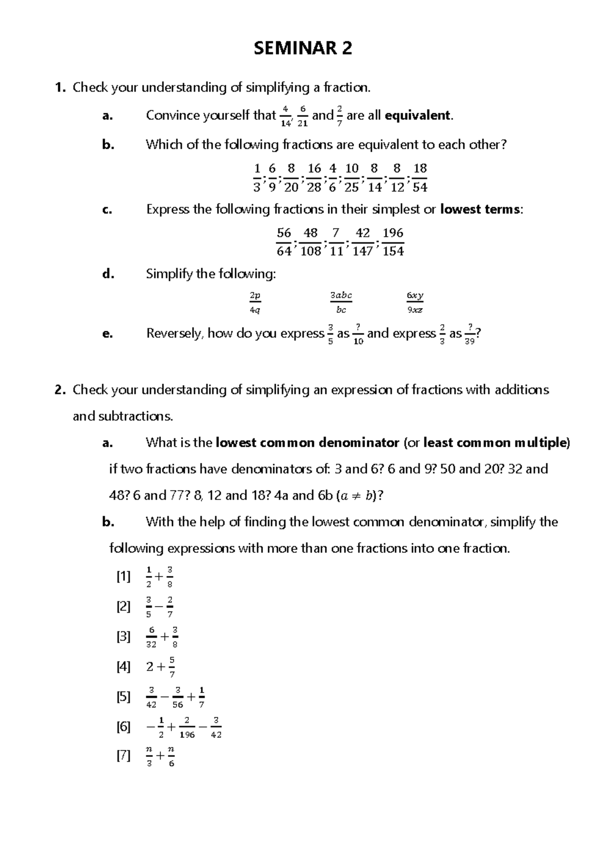 Seminar 02 - SEMINAR 2 1. Check your understanding of simplifying a ...