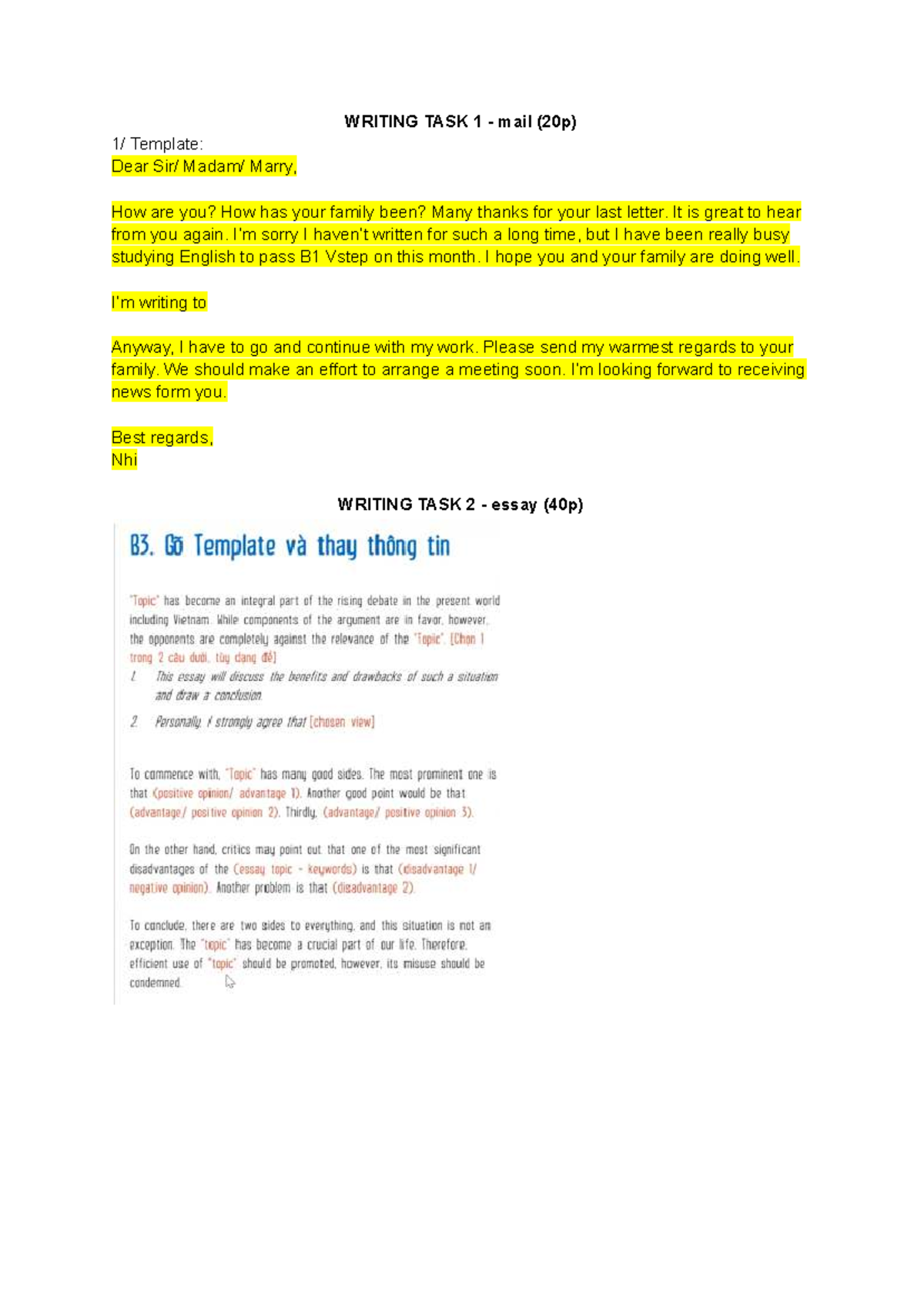 Vstep B1 Writing Task 1 & 2 Template (60p) - Studocu