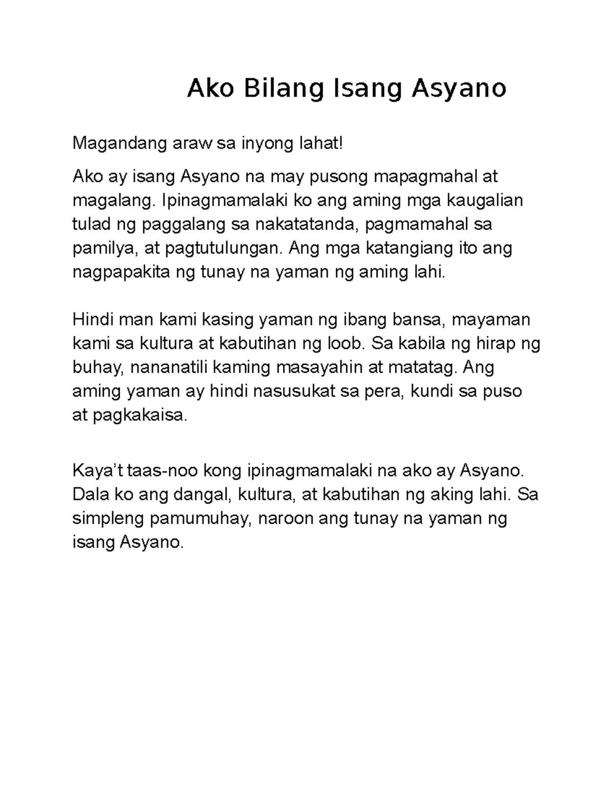 Filipino MT Essay: Yaman ng Kultura at Pagkatao ng Asyano - Studocu