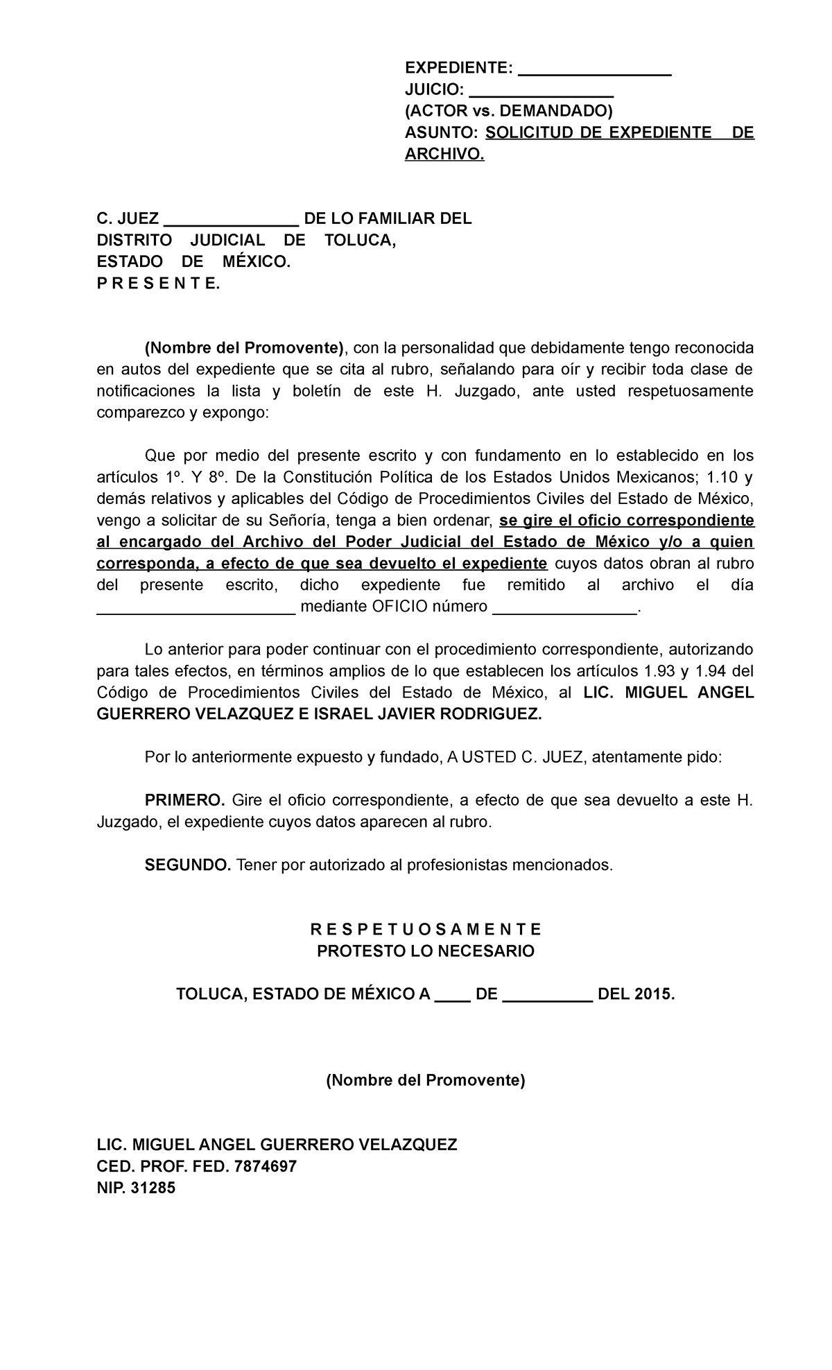 Escrito para solicitar se devuelva expediente de archivo - EXPEDIENTE ...