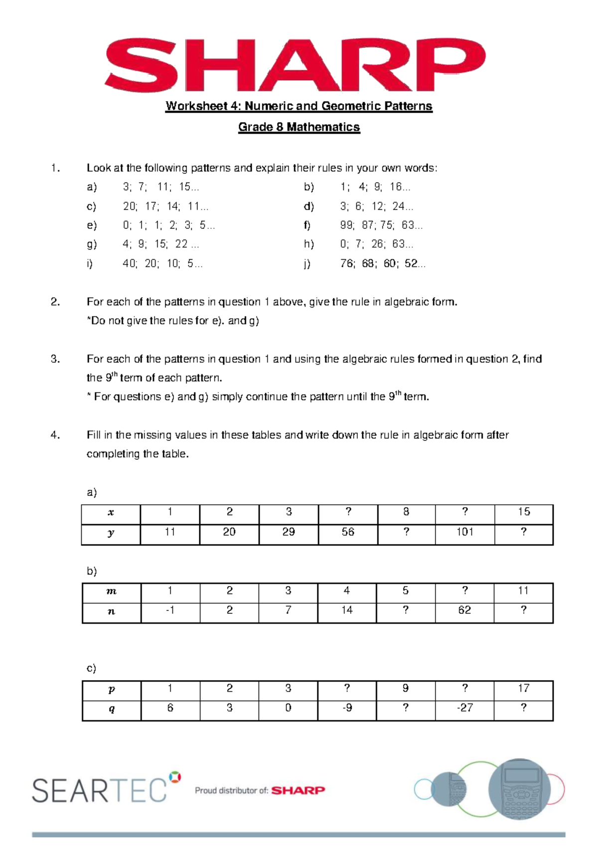Worksheet 4: Numeric & Geometric Patterns - Grade 8 Maths - Studocu