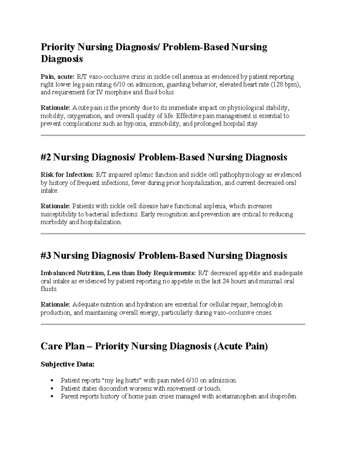 Nursing Care Plan & Teaching for Acute Pain in Sickle Cell Anemia (NUR ...