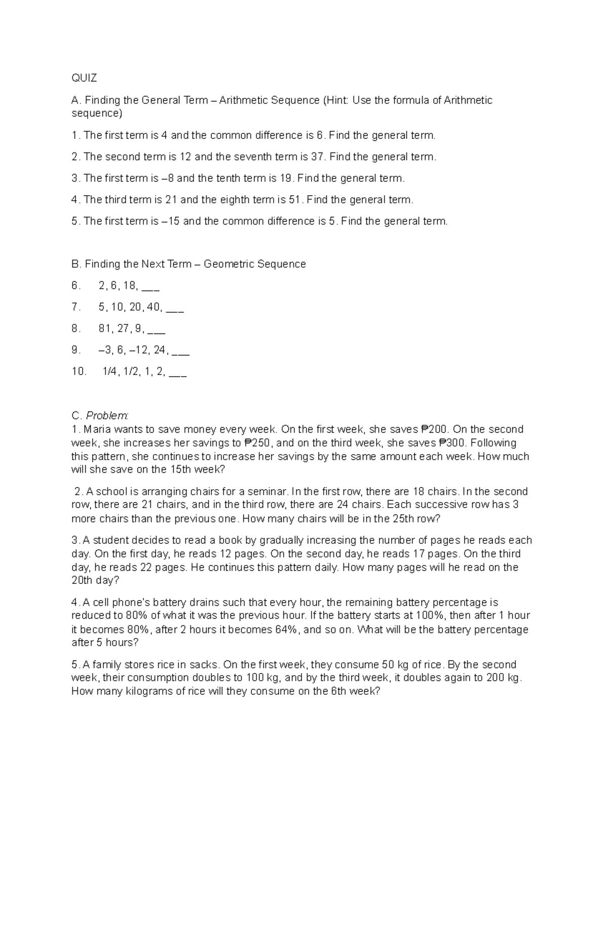 QUIZ A & B: General & Next Term in Sequences - Studocu