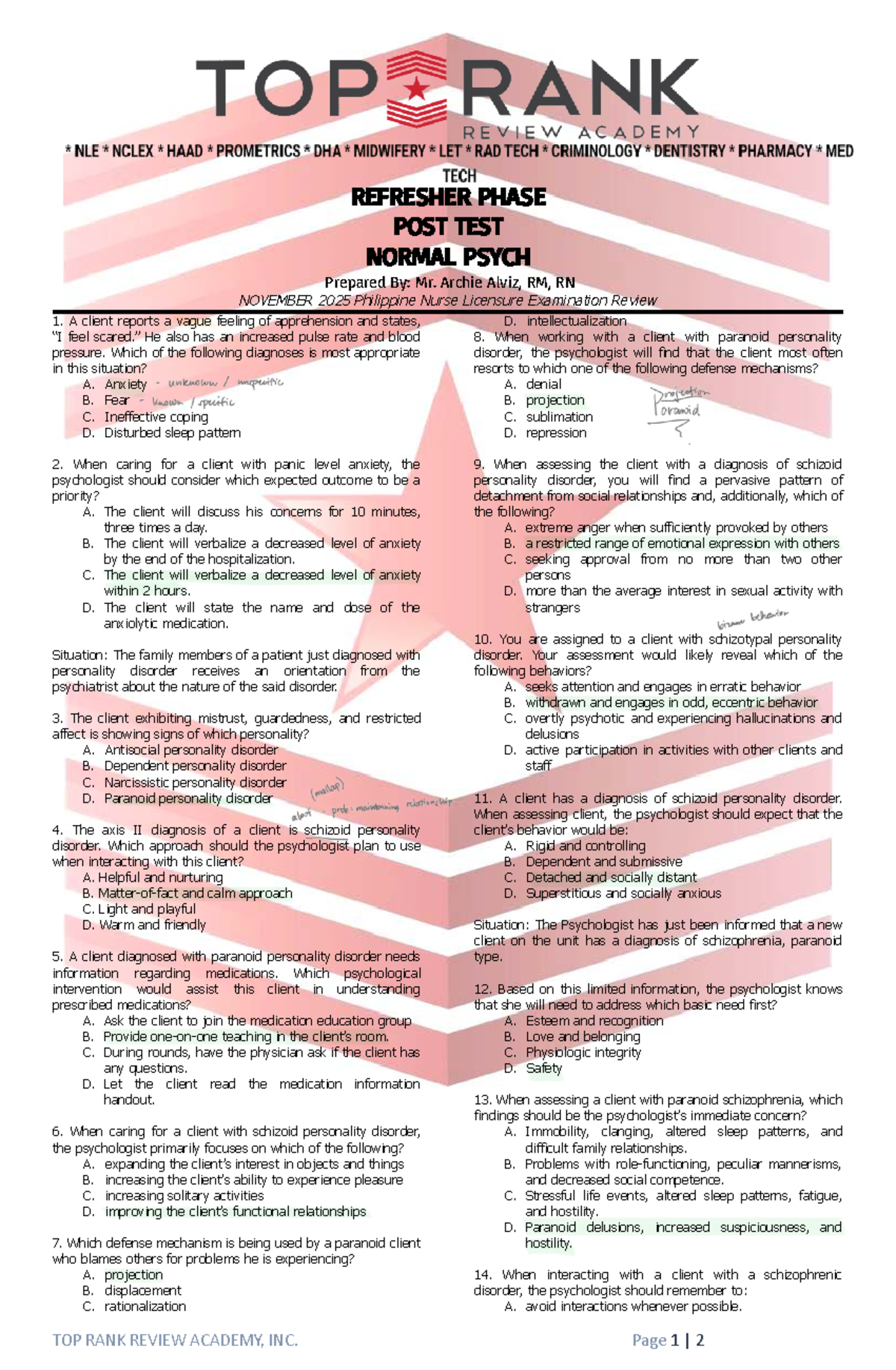 Refresher Post Test: Normal Psychology (879360068) by Mr. Alviz - Studocu