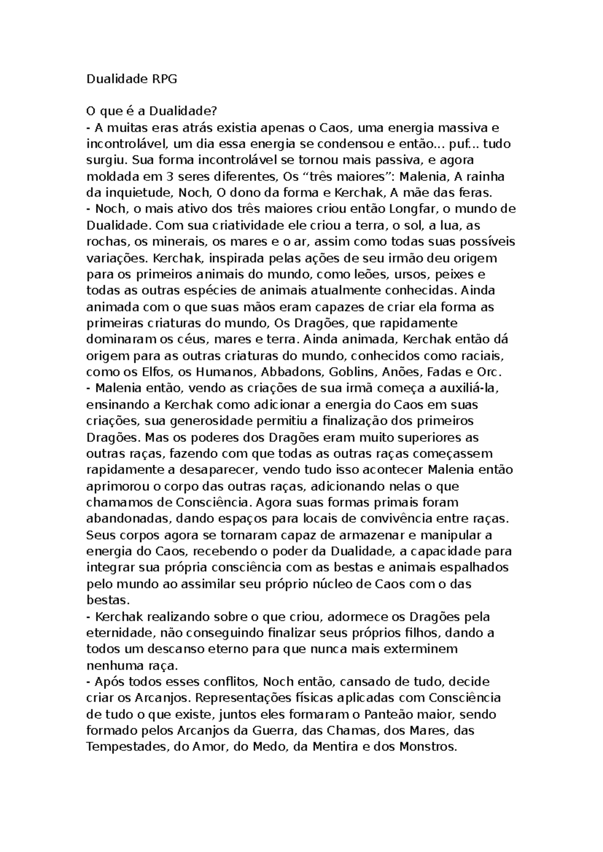 Dualidade RPG: A Criação do Mundo e Suas Raças - Studocu
