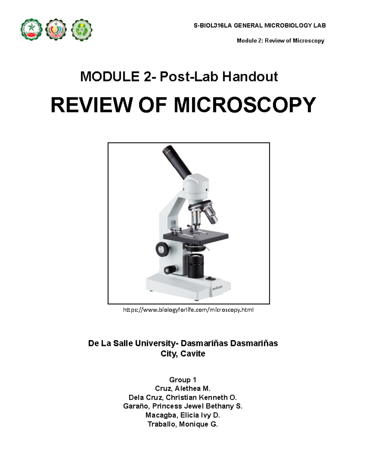 S-BIOL316LA Module 2: Comprehensive Review of Microscopy Techniques ...