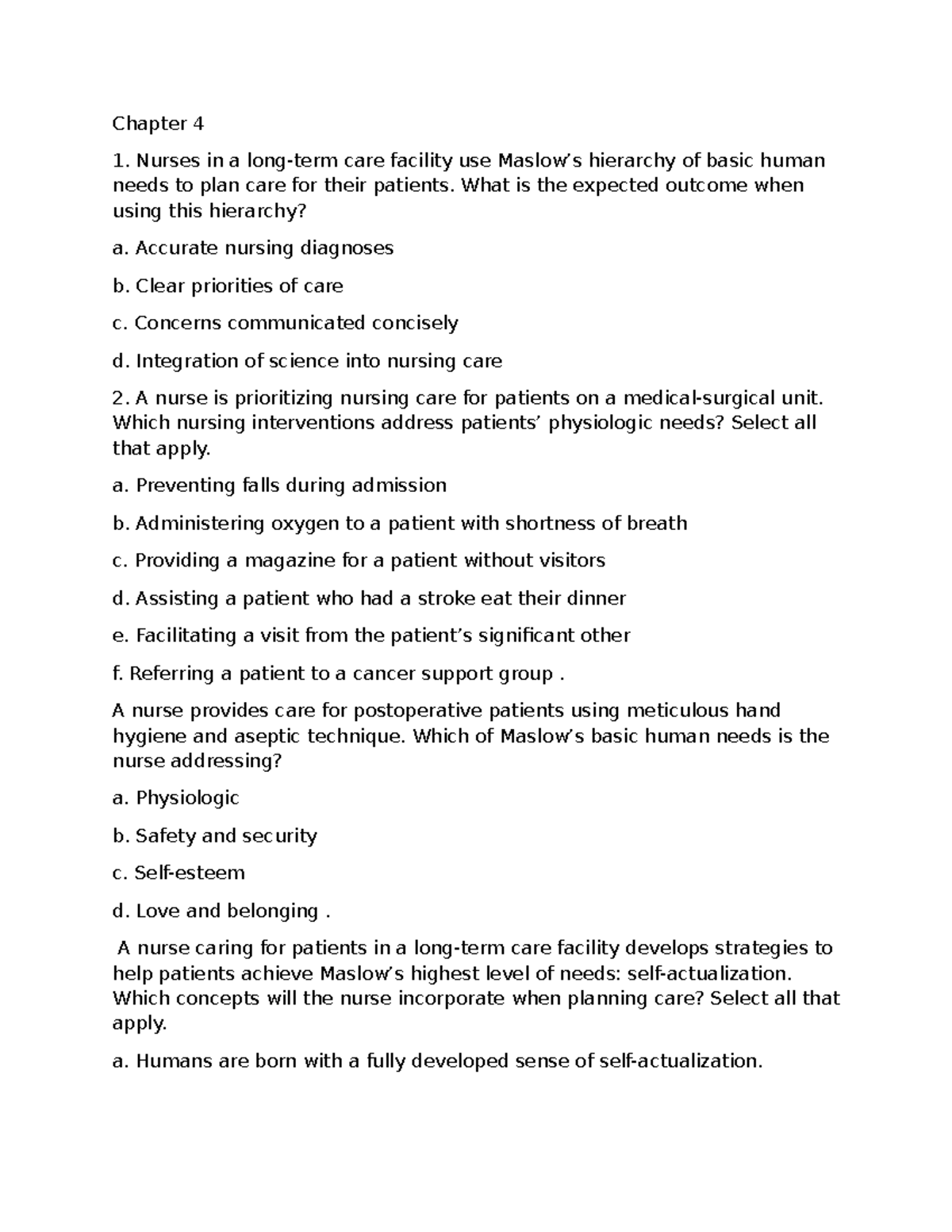 Chapter 4 - Study Guide: Nursing Care & Human Needs Hierarchy - Studocu