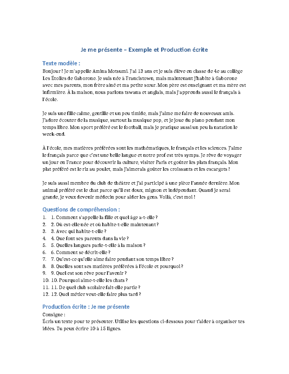 Je me présente : Modèle et Exercice de Production Écrite (Français 4e ...