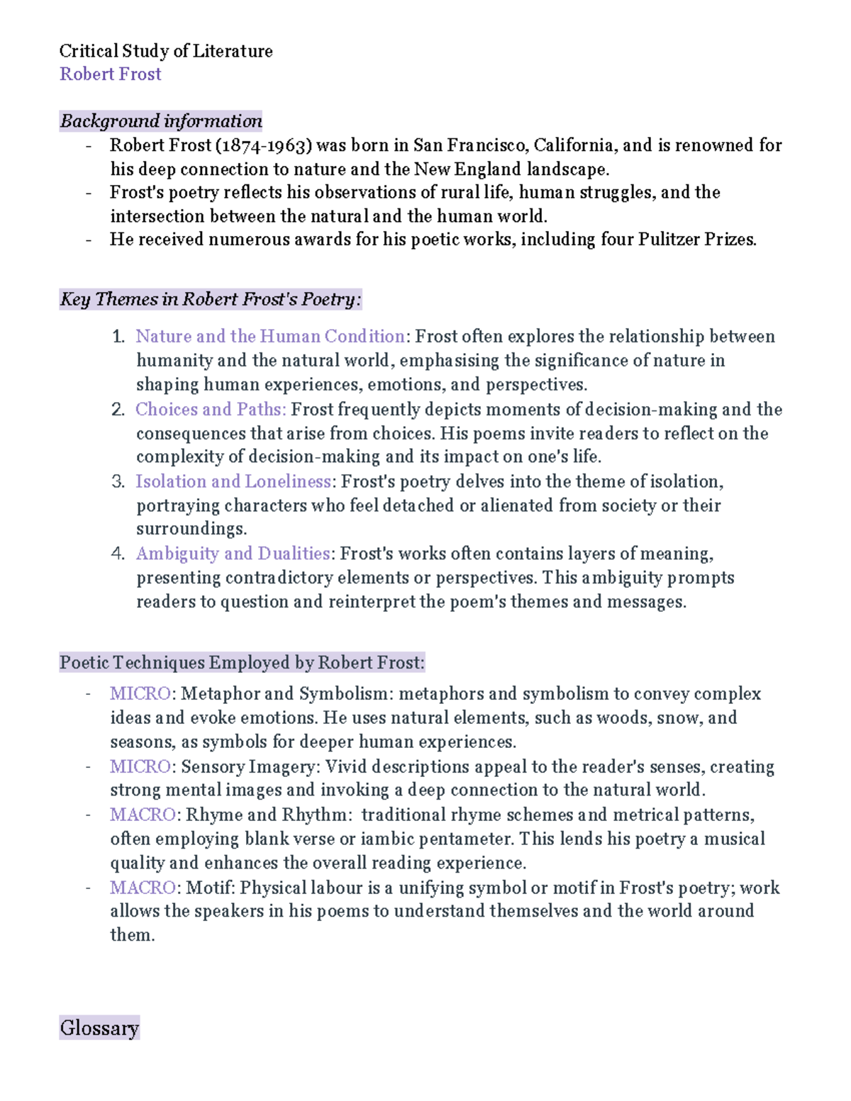 Year 11 Critical Study: Themes and Techniques in Robert Frost's Poetry ...