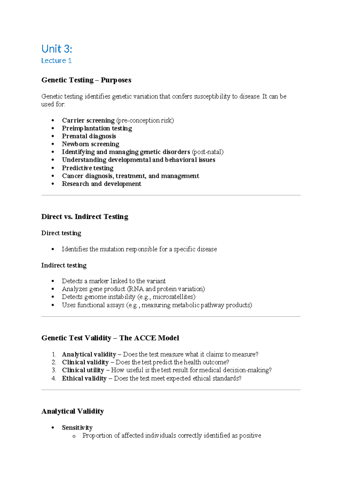 Unit 3: Lecture 1 - Genetic Testing Purposes and Techniques - Studocu