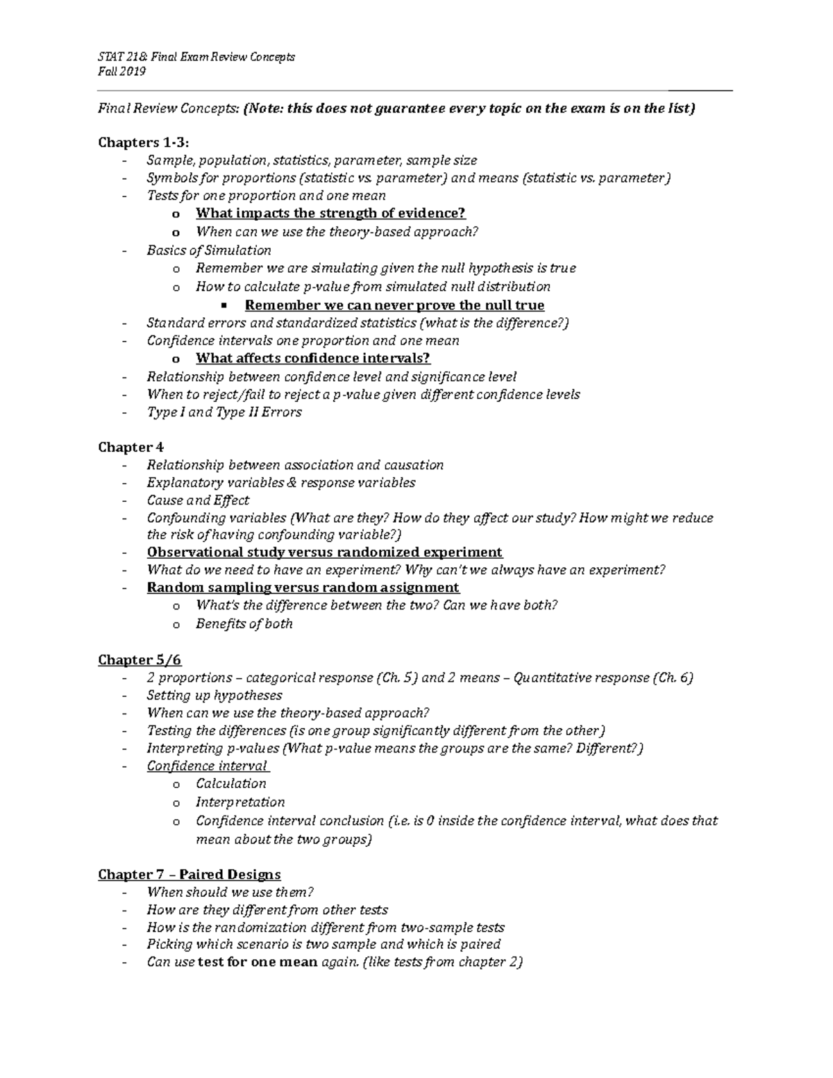Final Review- Key Concepts - STAT 218: Final Exam Review Concepts Fall ...