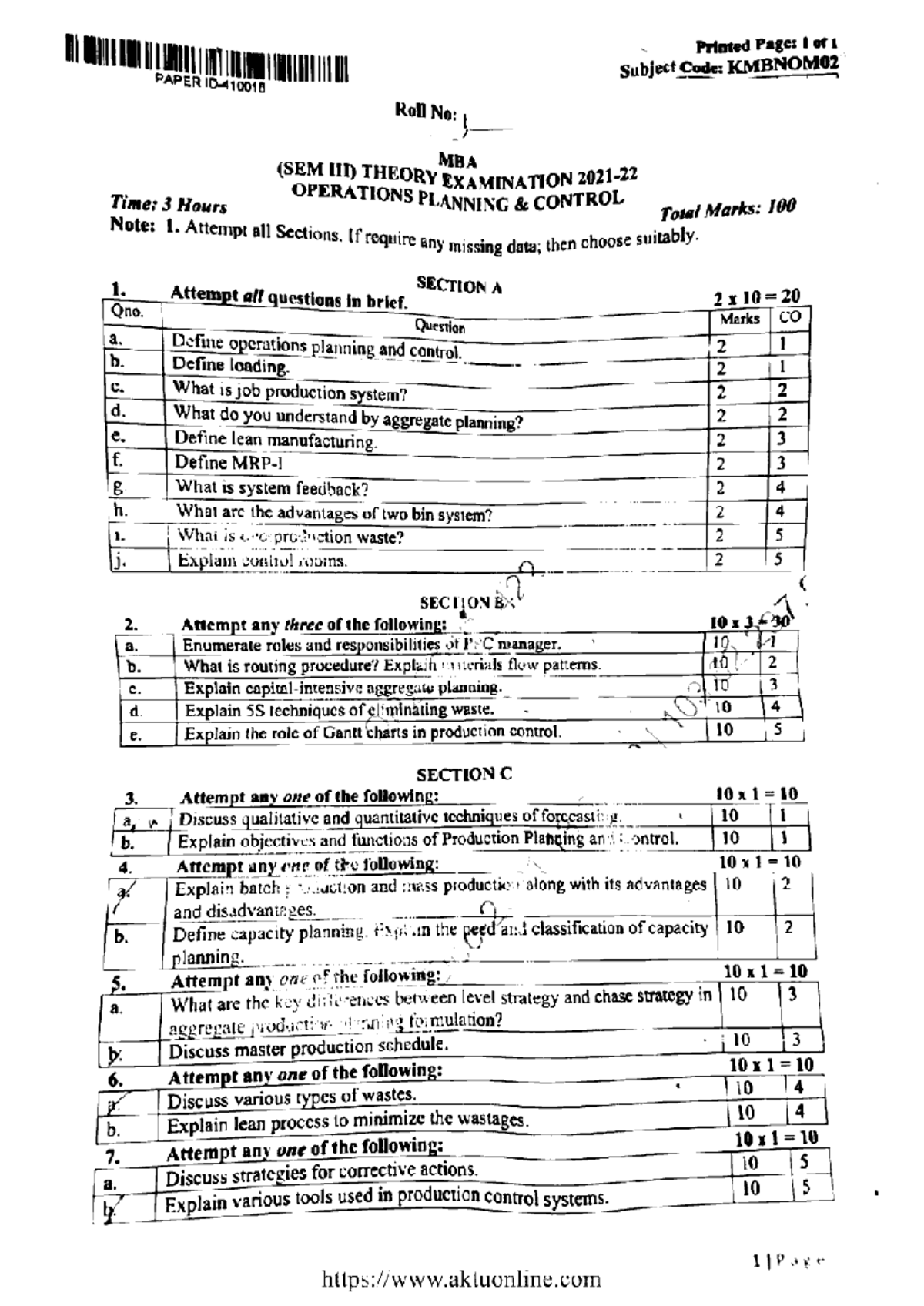 MBA 3 Sem Operations Planning & Control Notes KMBNOM 02 2022 - Studocu