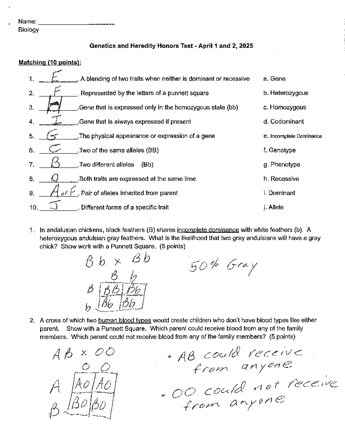 Inheritance Honors Test Answer Key 2025 - Name: Biology Genetics and ...