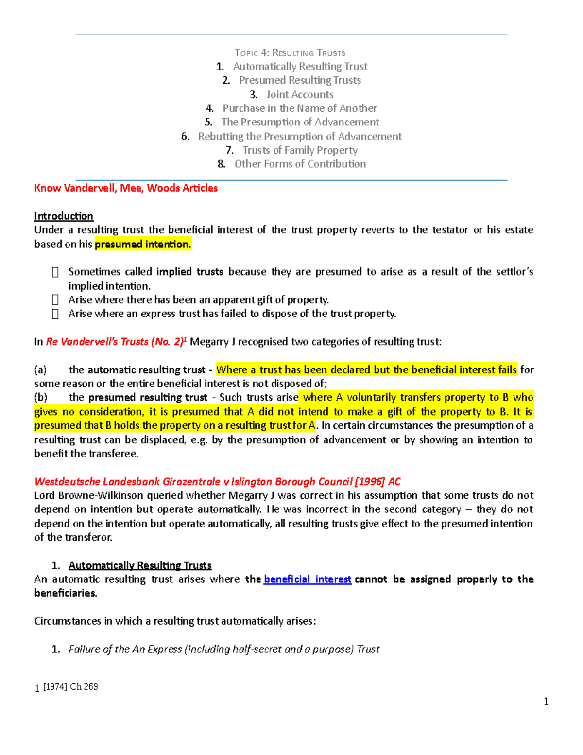 Equity - Topic 4: Resulting Trusts Overview and Key Cases Summary - Studocu