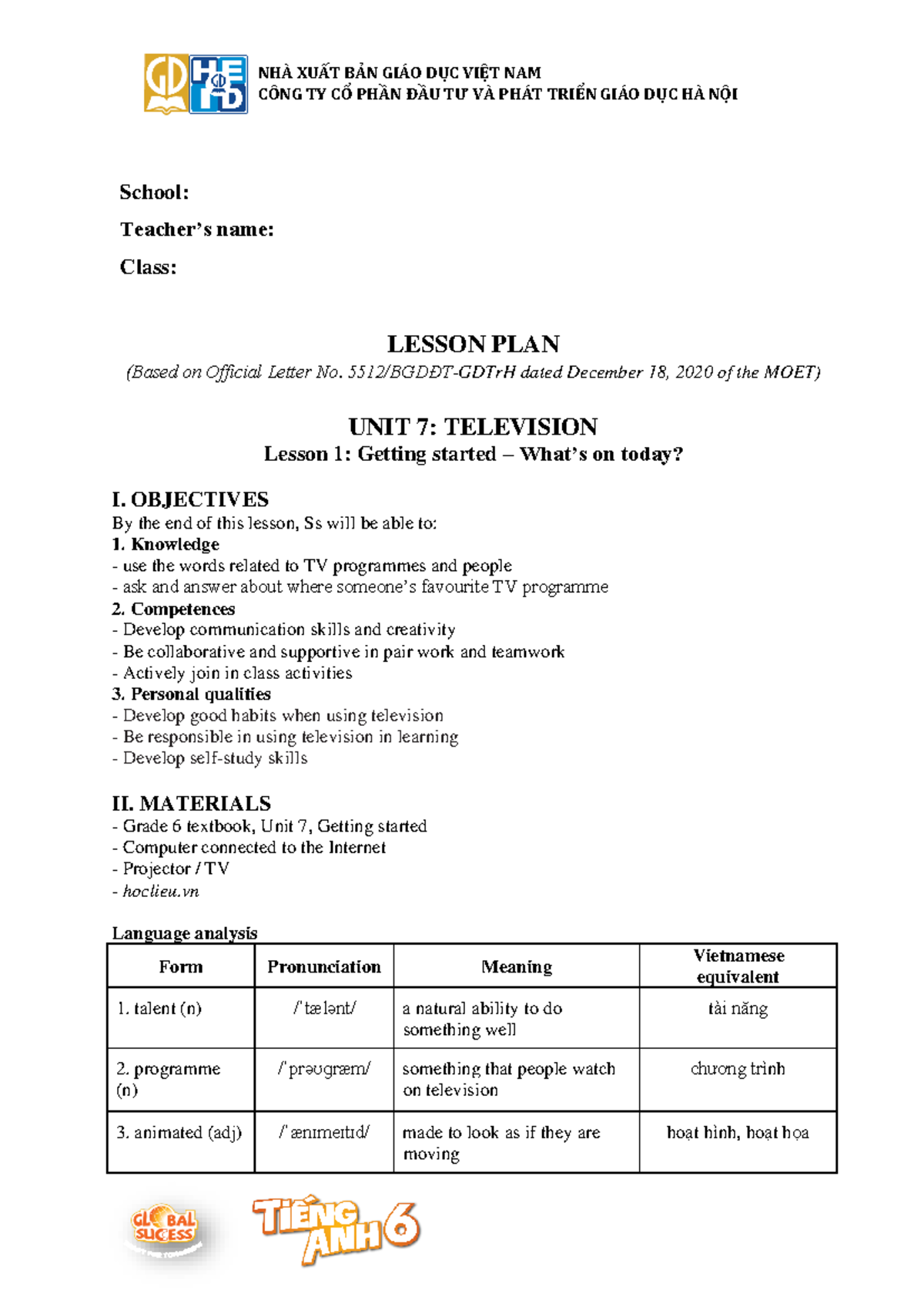 Unit 7: Television - Lesson Plans and Activities for Grade 6 - Studocu