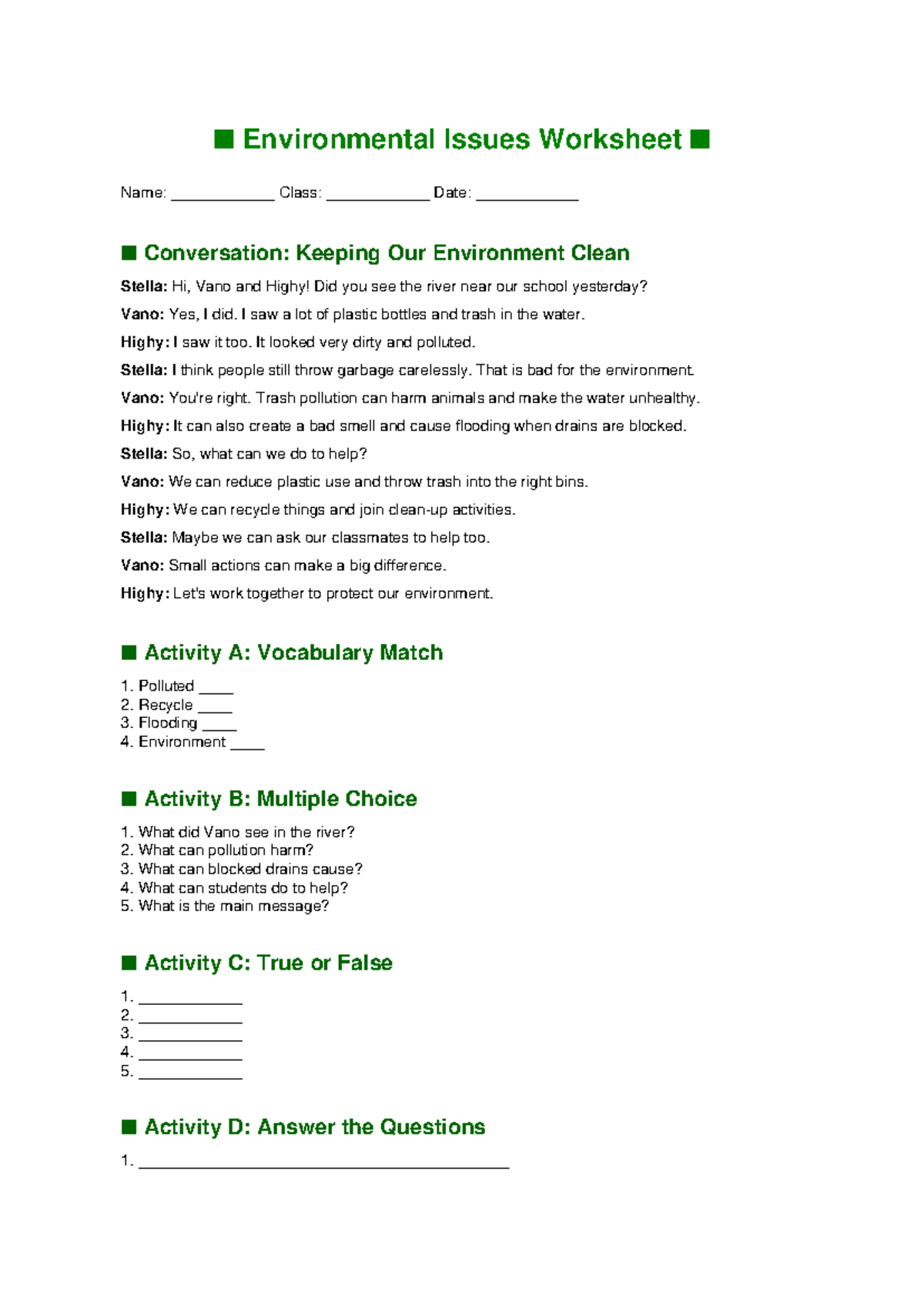 Environmental Issues Worksheet: Keeping Our Environment Clean - Studocu