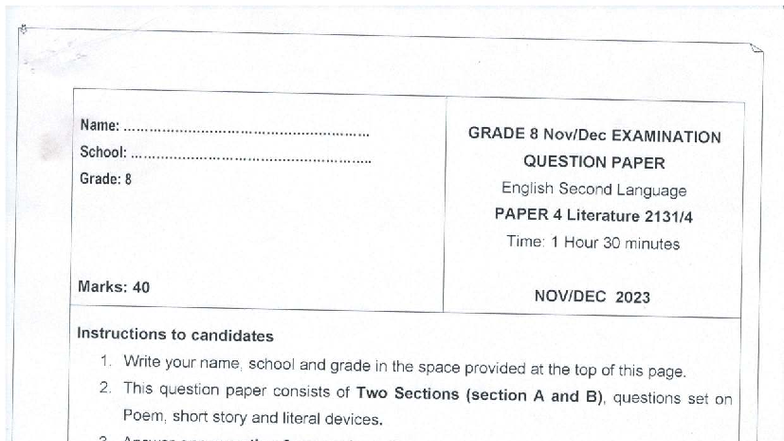 GRADE 8 ENGLISH LITERATURE EXAMINATION PAPER 4 (2131t4) - Studocu