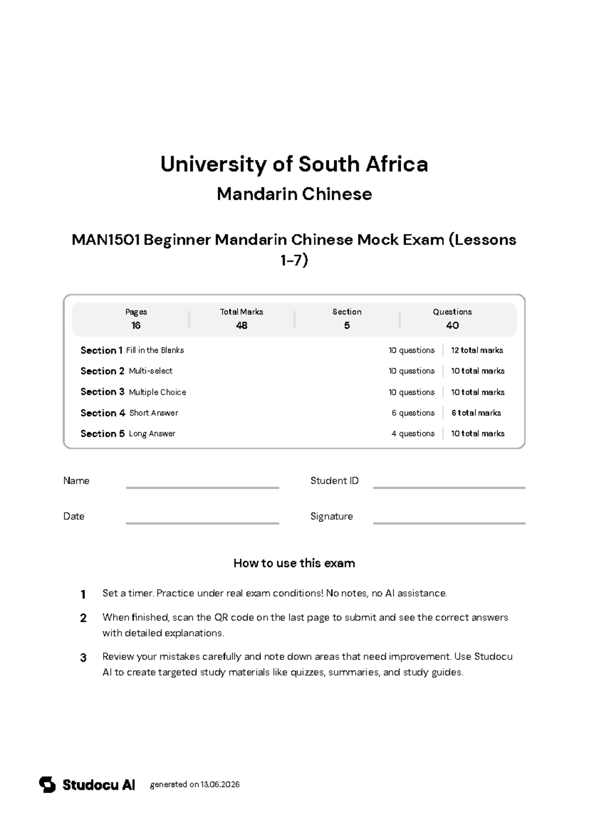 MAN1501 Beginner Mandarin Mock Exam (Lessons 1-7) - Studocu