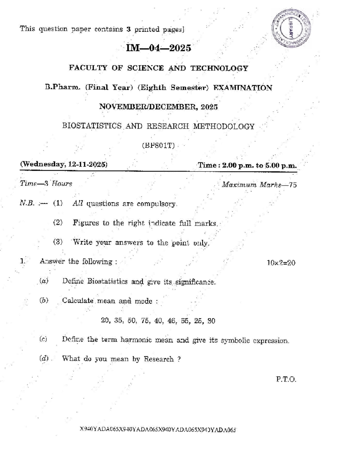 B.Pharm 8th Sem Final Exam: Biostatistics & Research Methodology - Studocu